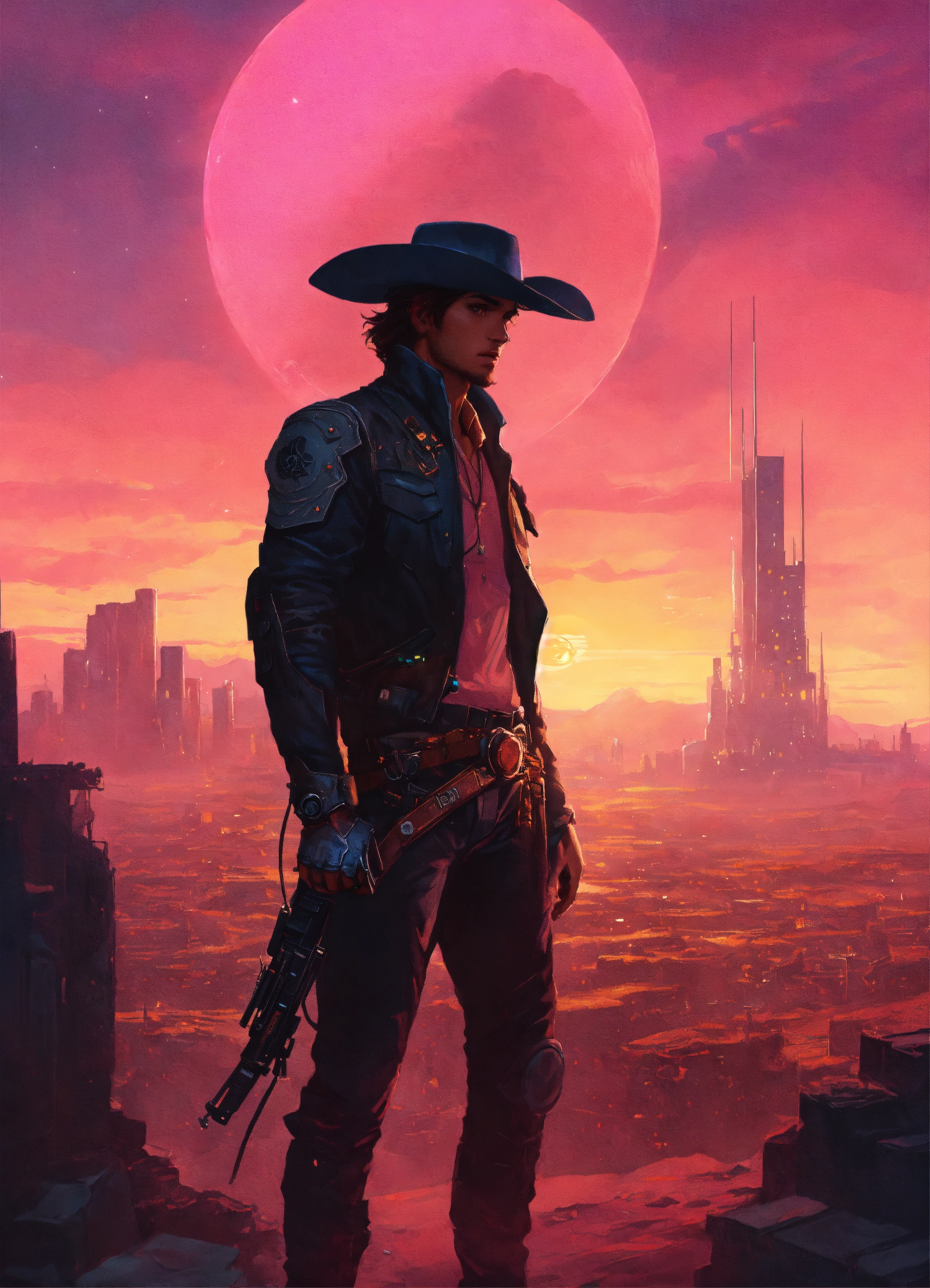 Lexica - A futuristic cowboy wearing a wild west outfit. he is facing ...