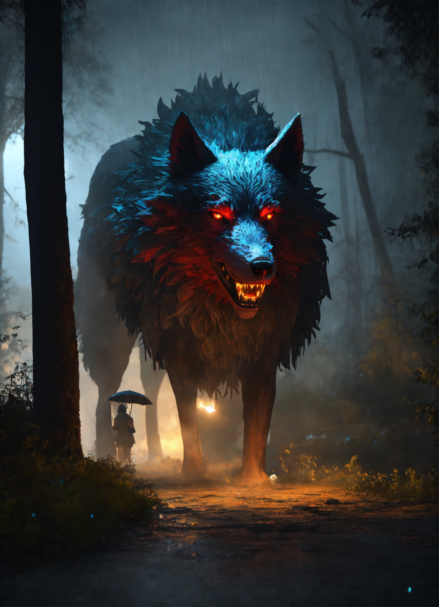 Lexica - Gigant scary wolf attack grandmother. Woods. Rain.fog.night ...