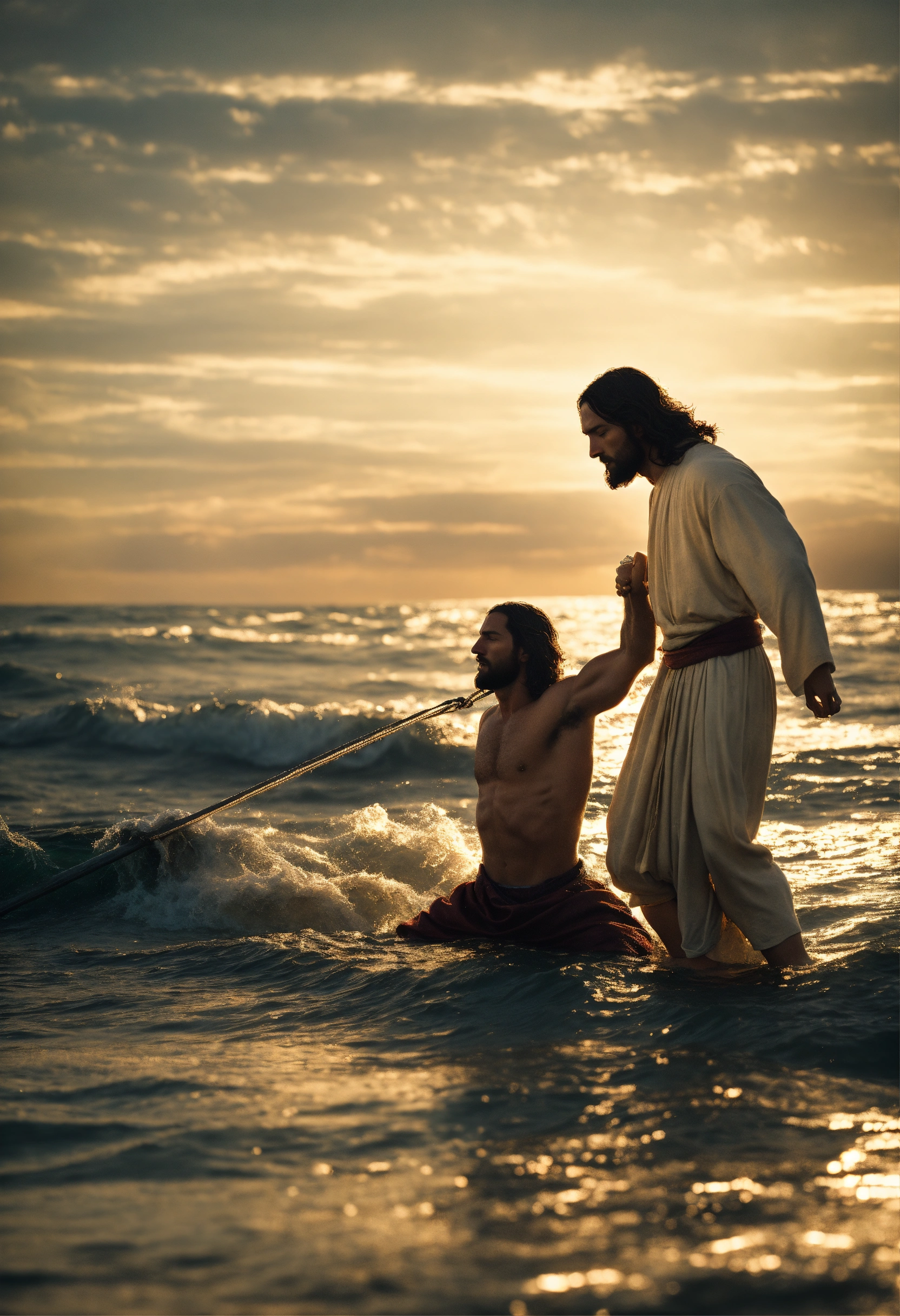 Lexica - Jesus pulling, lifting a man from ocean, realistic, cinematic ...