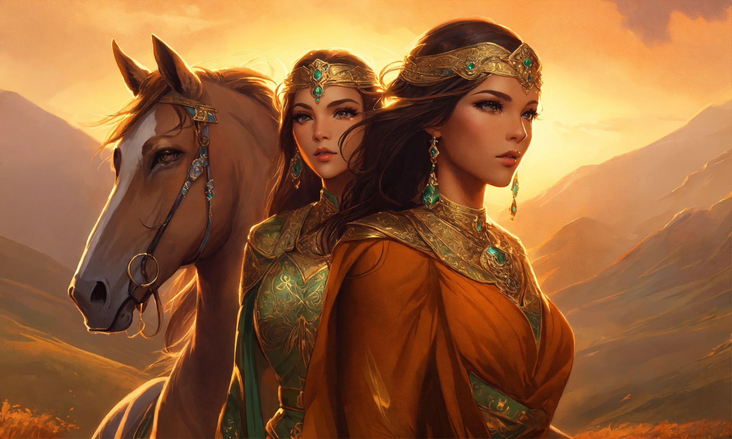 Lexica - Two Gorgeous Persian elf female warriors riding two large ...