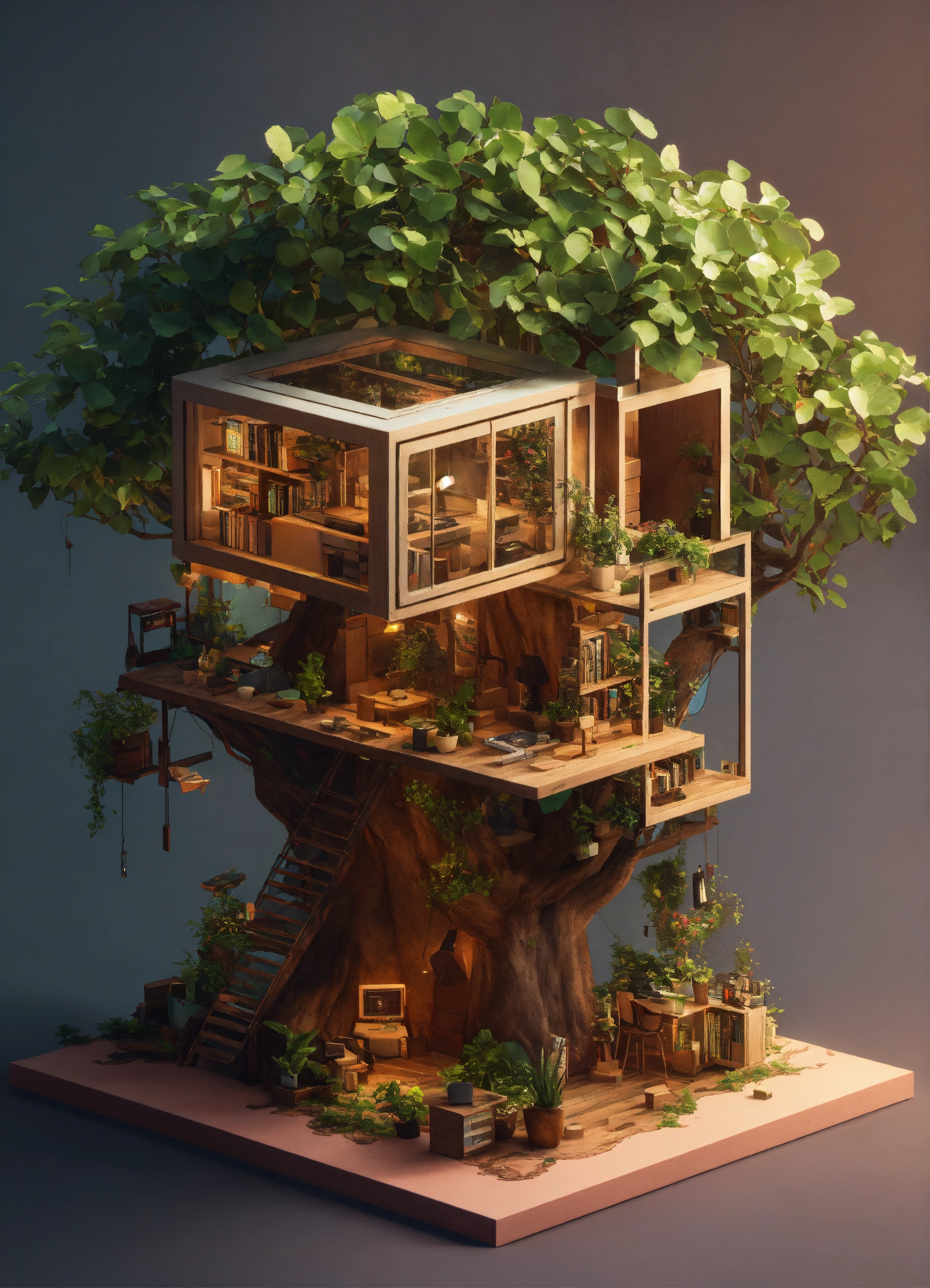 Lexica - Cube cutout of an isometric treehouse with a gaming pc ...