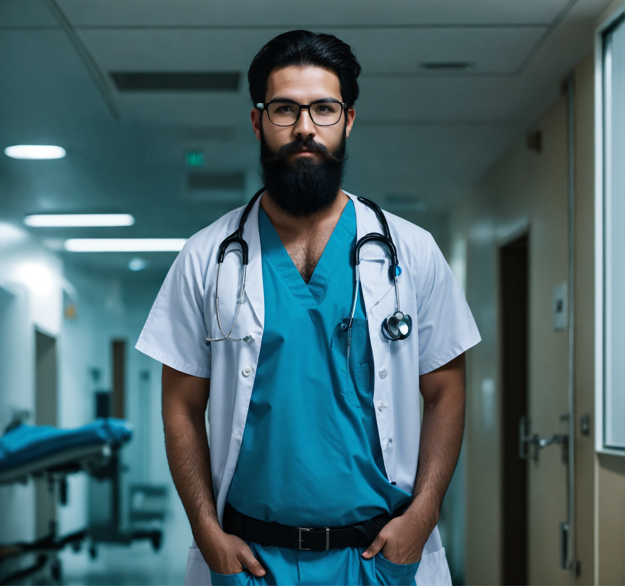 Lexica - Hospital nurse man with black long hair, and thin beard with ...