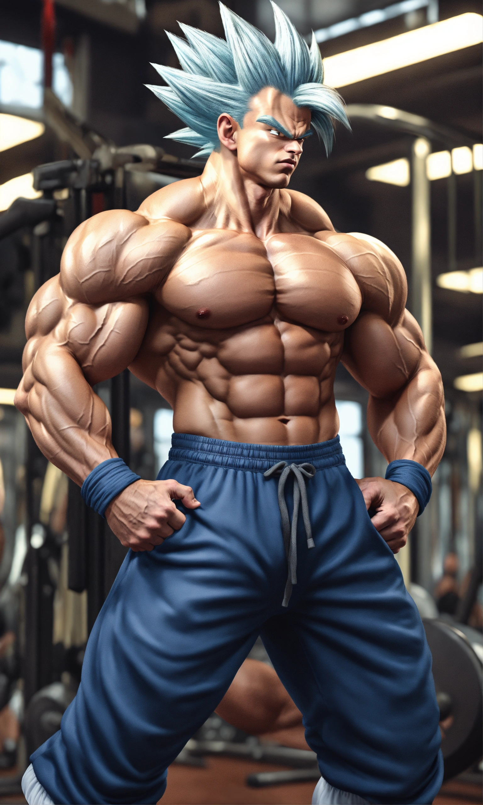 Lexica - C18 from dragon ball, strong abs, in a gym, muted palette ...