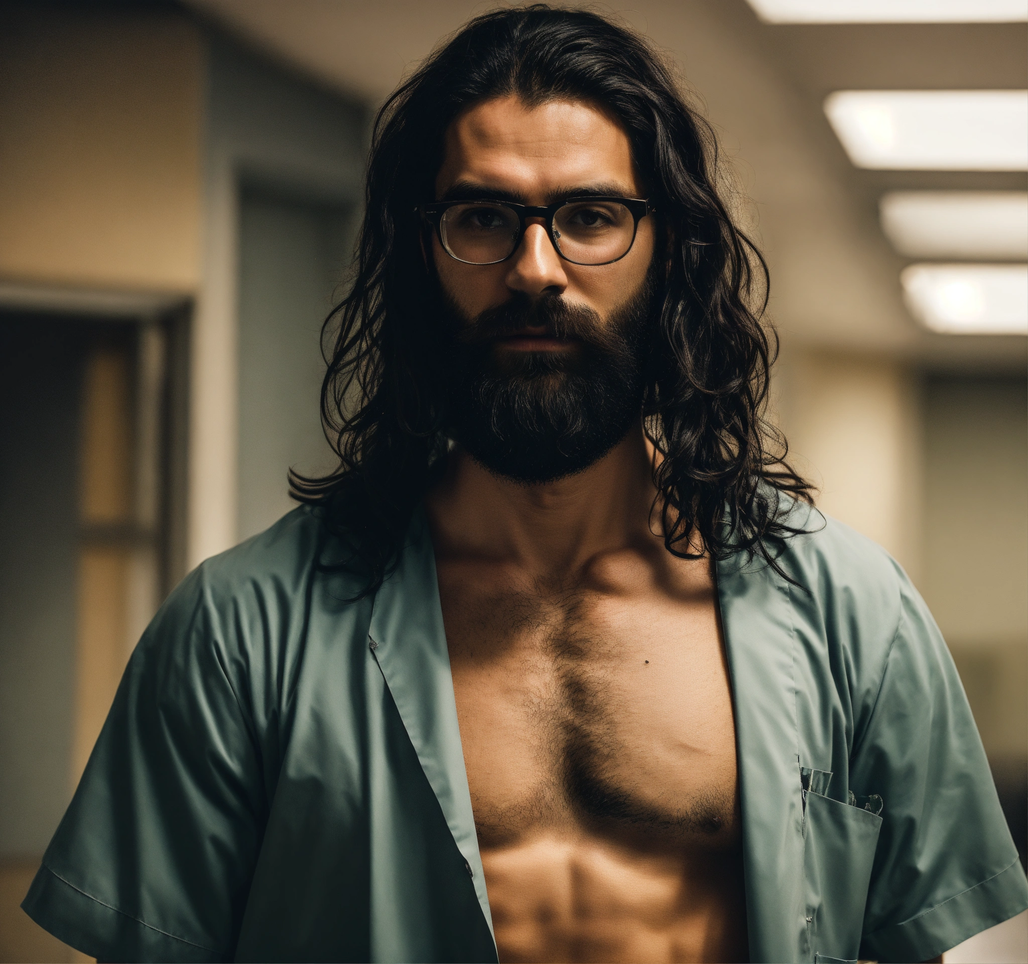 Lexica - Hospital nurse man with black long hair, and beard with ...