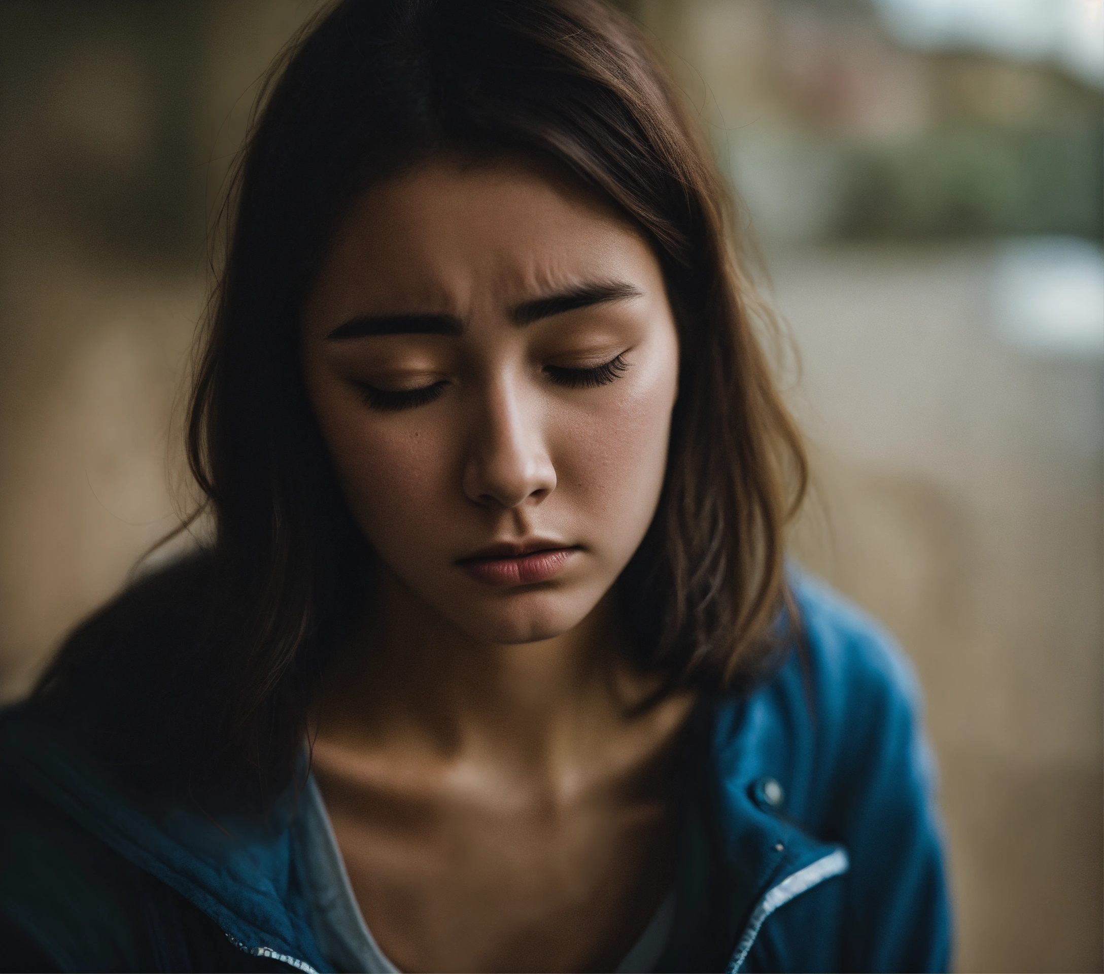 Lexica - A young woman with her head down with a sad expression