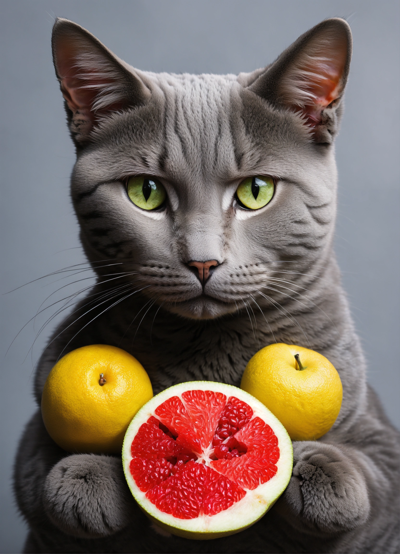 Lexica - A cat cut grey cat holding a bracket full with fruits