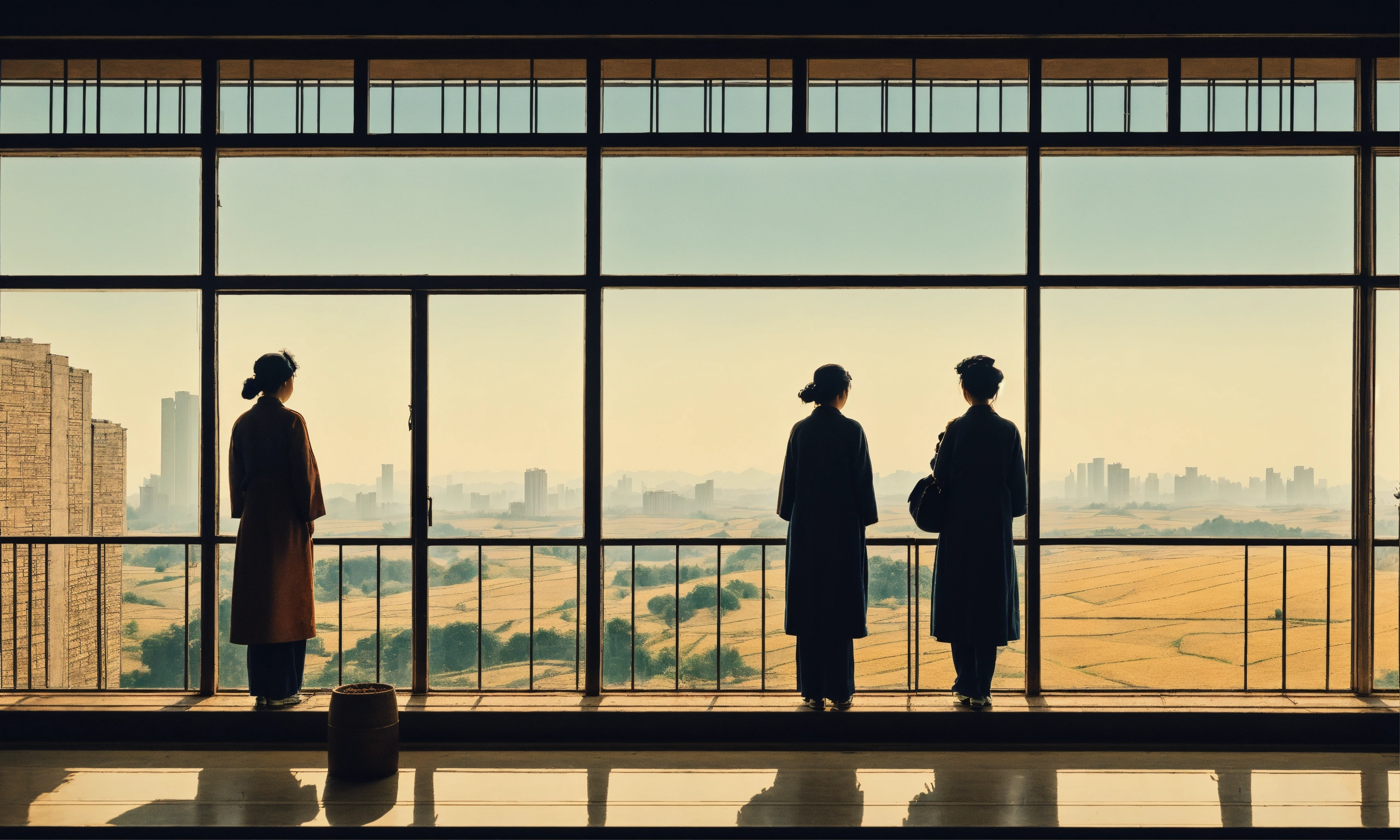 Lexica - Some people look over tall building windows, rural china ...