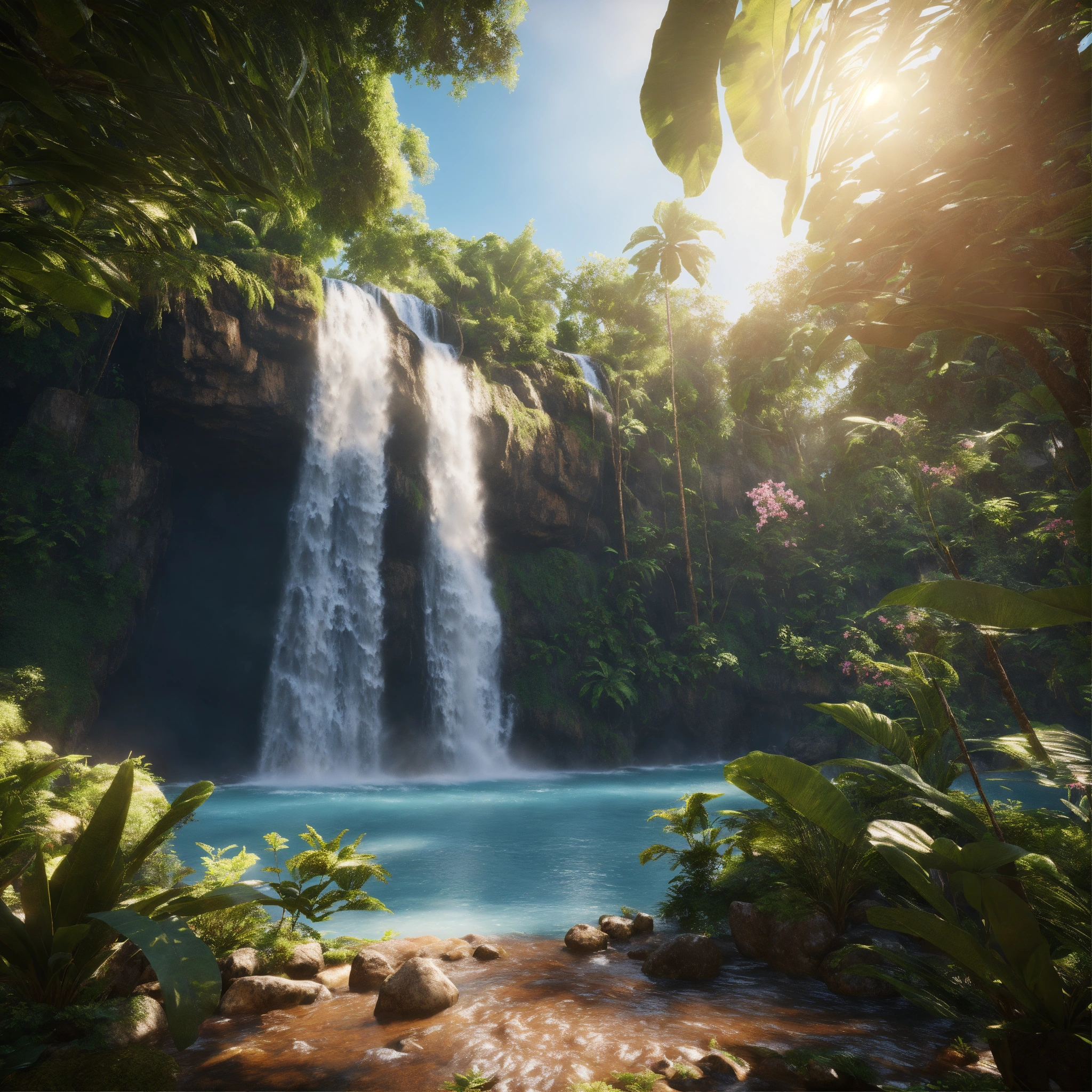 Lexica - Tropical flora, with magical teired waterfall, Cinematic style ...