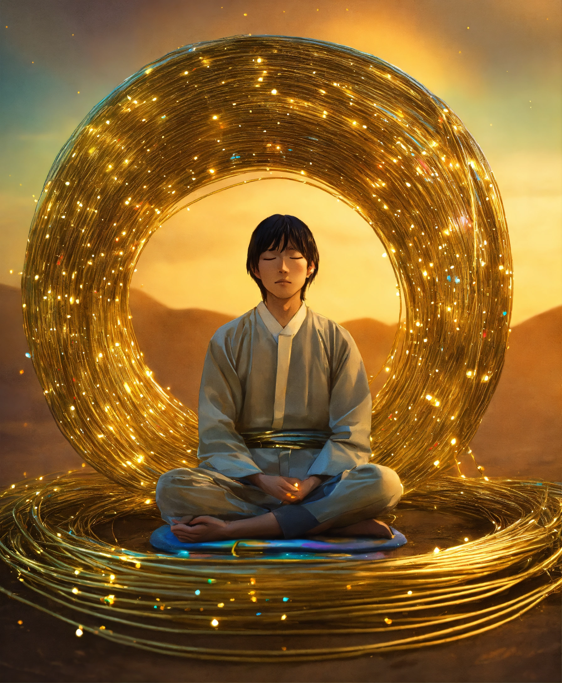 Lexica - The most time traveler meditating in the style of a gold ...