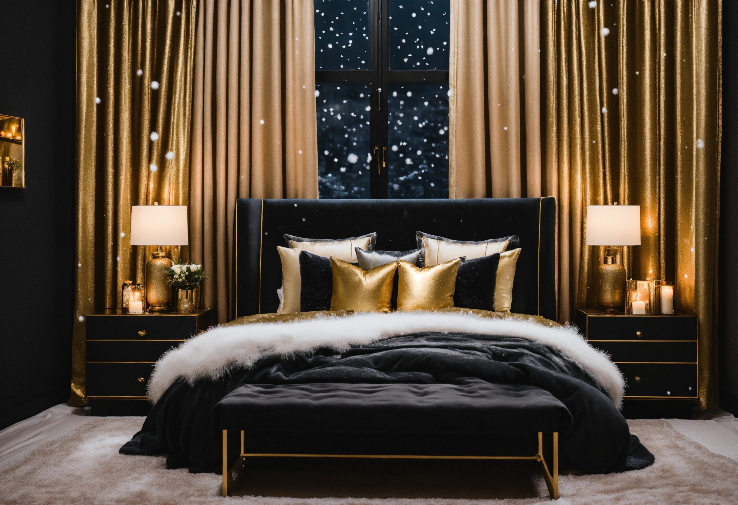 Lexica - Beautiful Christmas black and gold wedding bedroom facing ...