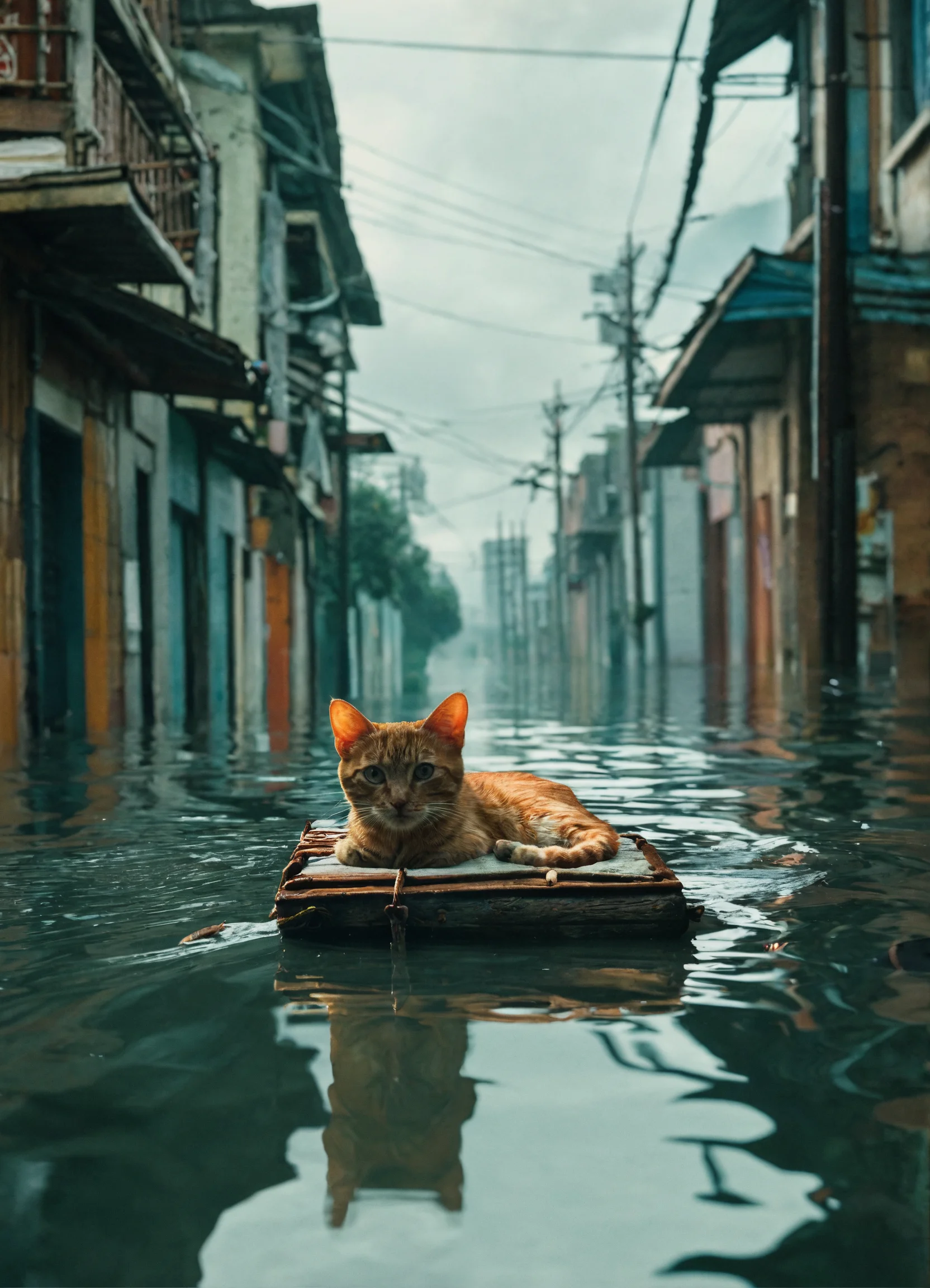 Lexica - A cat floats on a raft along the street of a flooded city