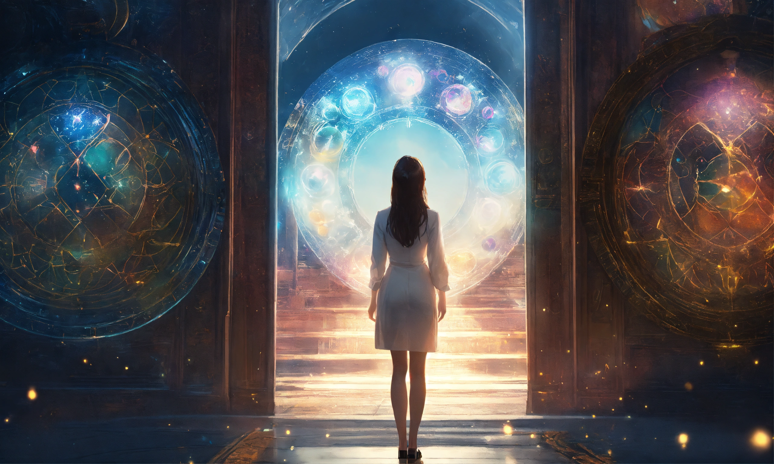 Lexica - Create an image of a woman from behind looking at five portals ...