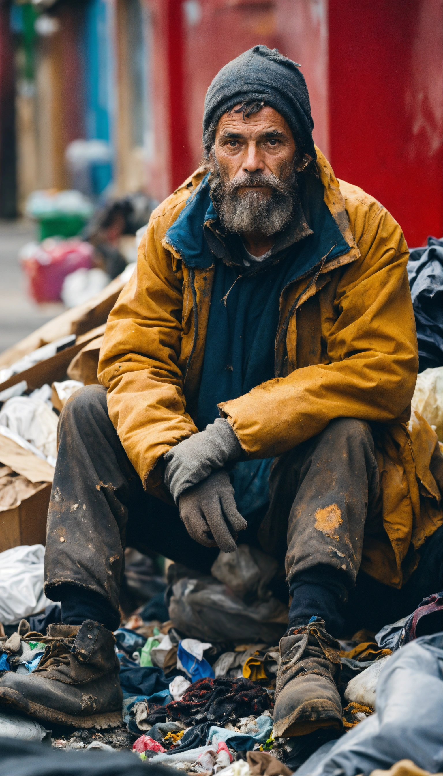 Lexica - A homeless man in tattered dirty clothes sits on a rubbish ...