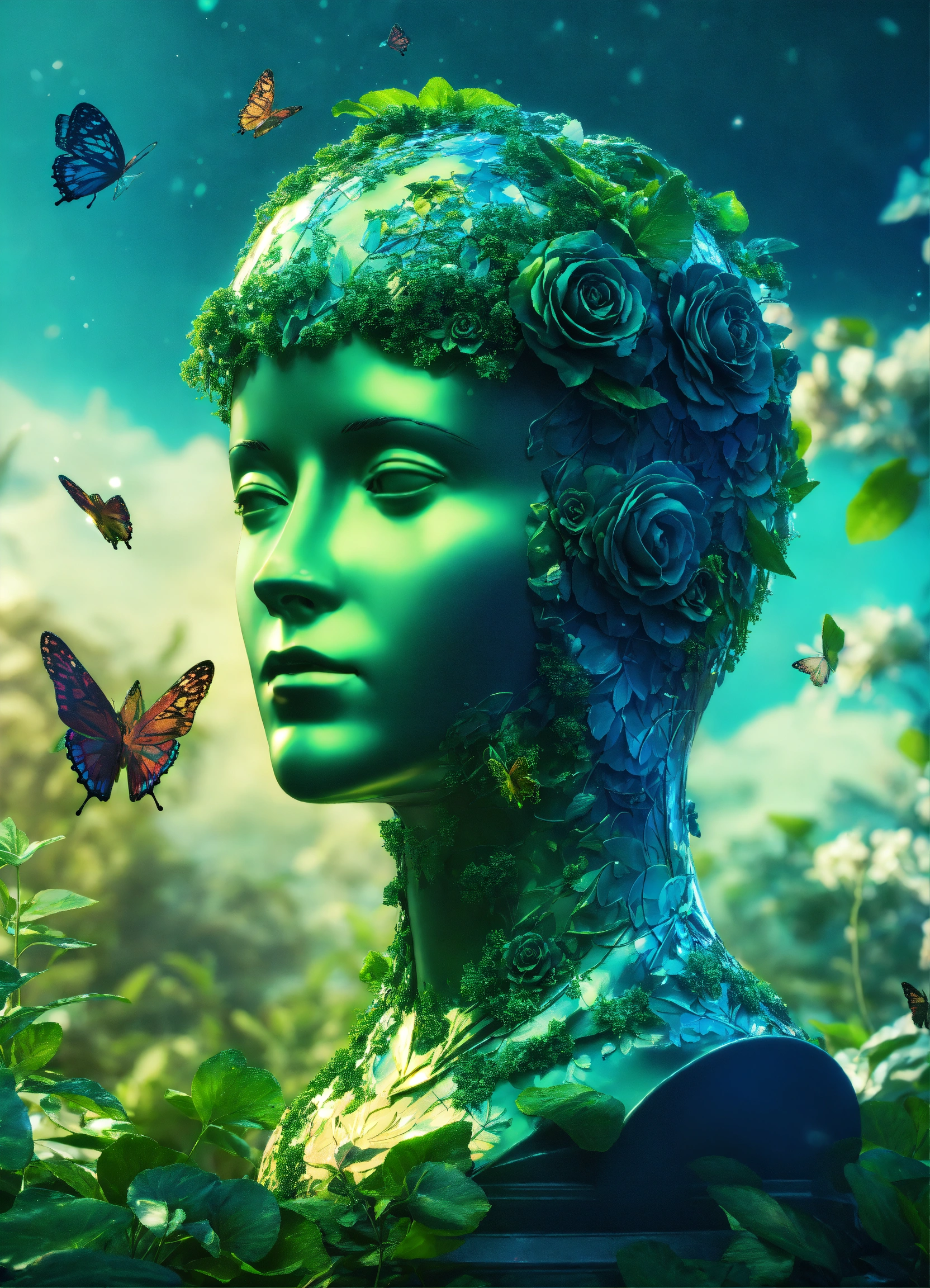 Lexica - A magical melodic garden, green, blue sky with clouds, a ...