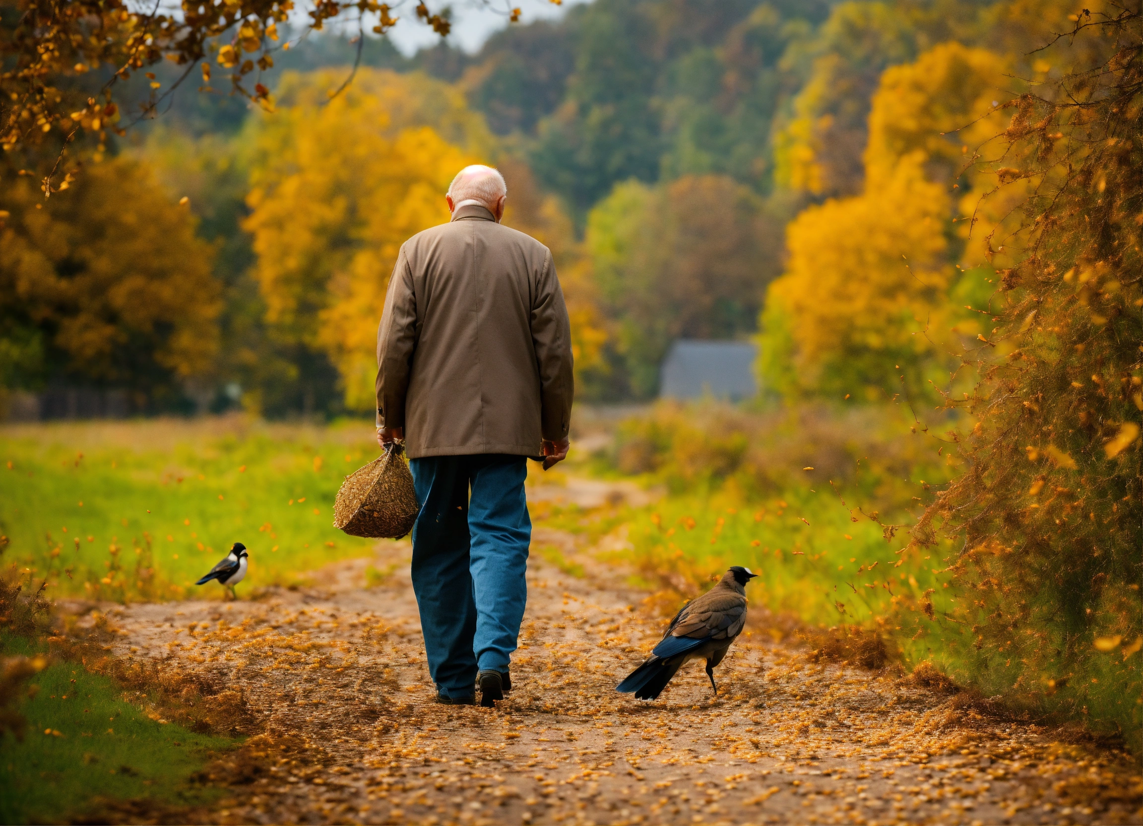 Lexica - An old bald man walking away and a 10 trails of birdseed ...
