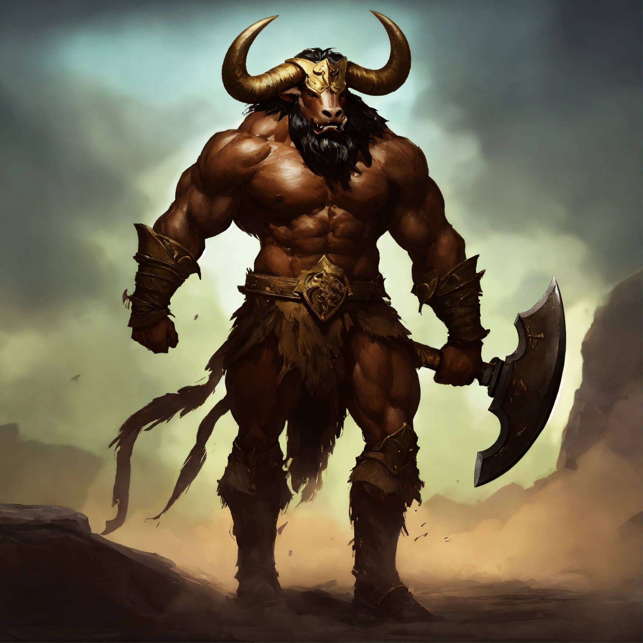 Lexica - Dark minotaur, one broken horn, holding great axe, profile