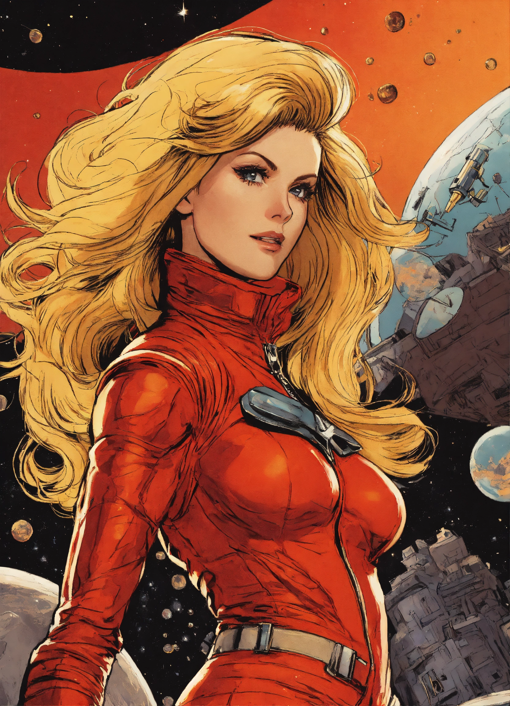 Lexica - Barbarella in a red jumpsuit modern comic book style