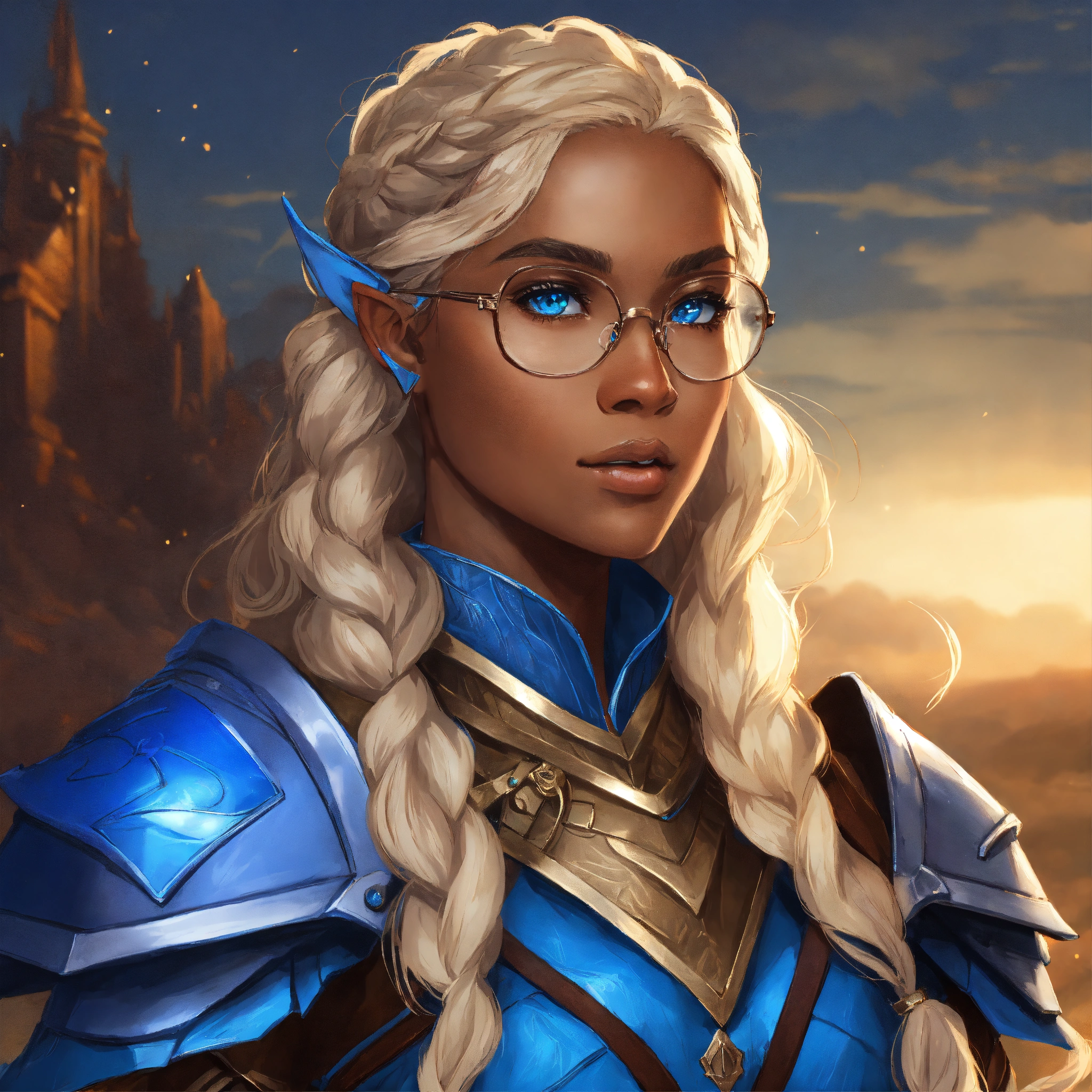 Lexica - A very brown skinned half elf woman, wearing glasses with deep ...