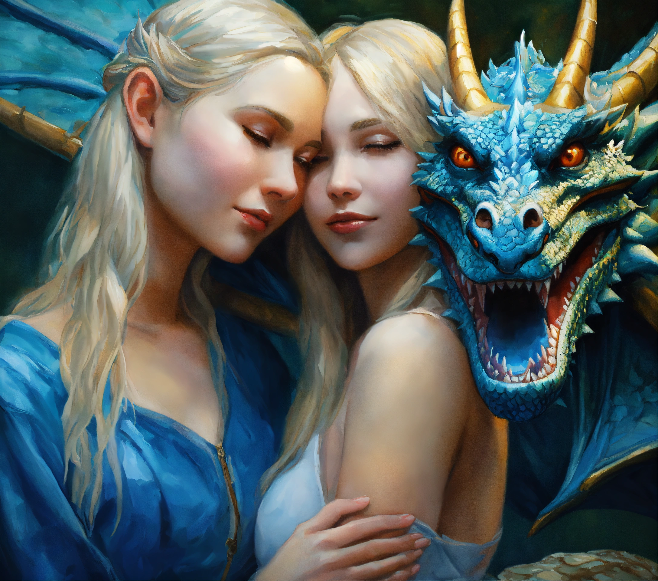 Lexica - Oil painting of a huge, magnificent two meter big blue dragon ...