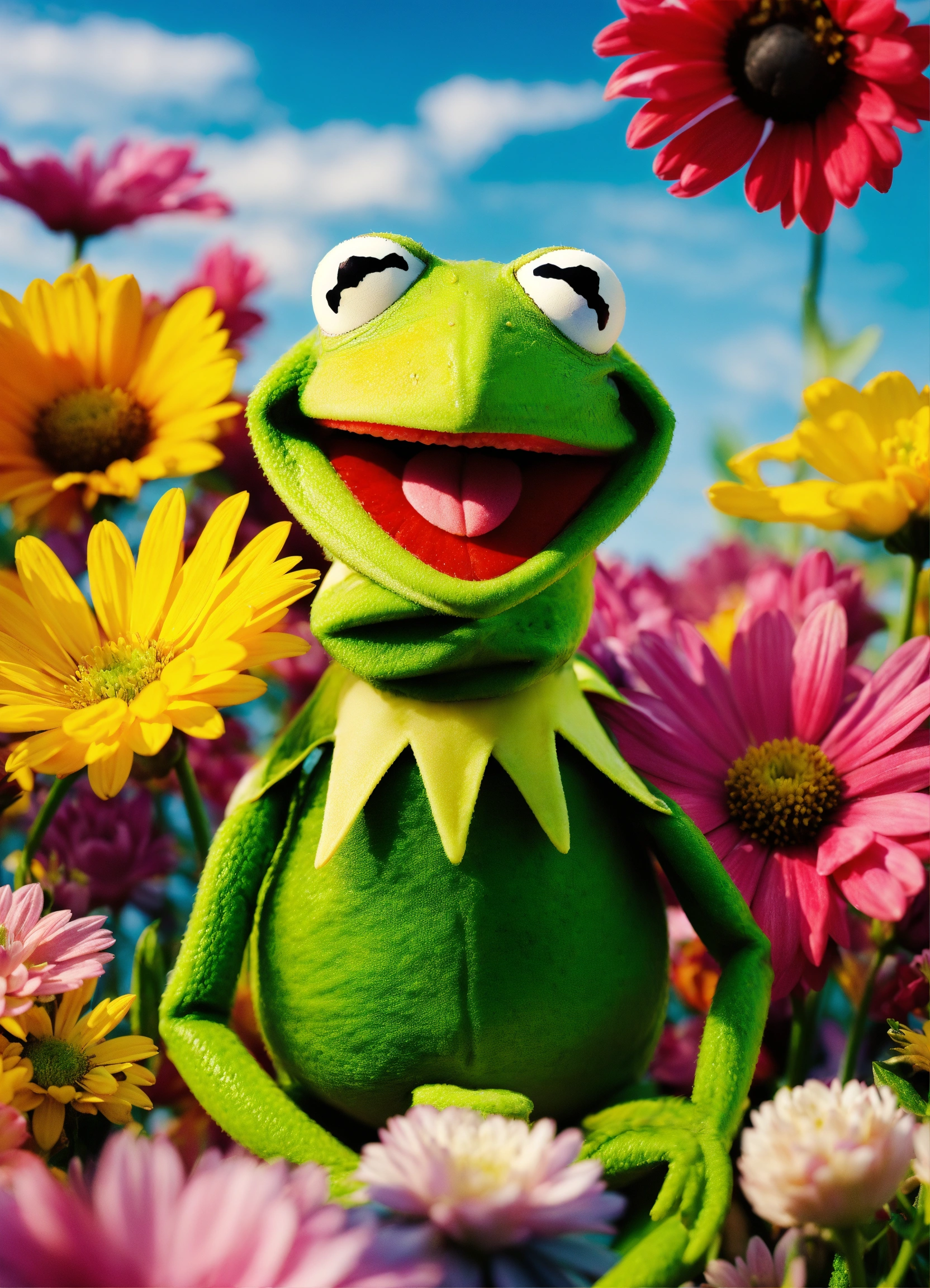 Lexica - Happy Kermit the frog, happy, surrounded by a colorful flowers ...