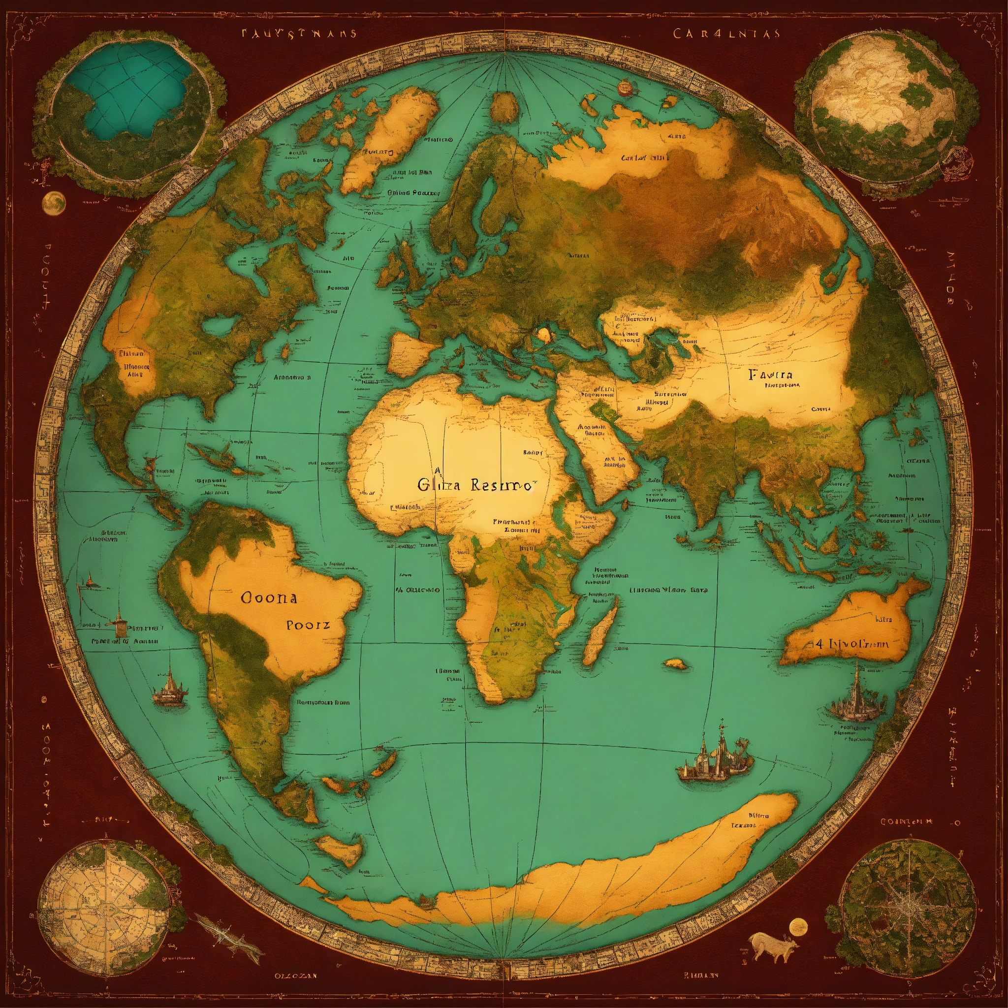 Lexica - Map of a fantasy planet with 4 continents, 3 oceans, many forests
