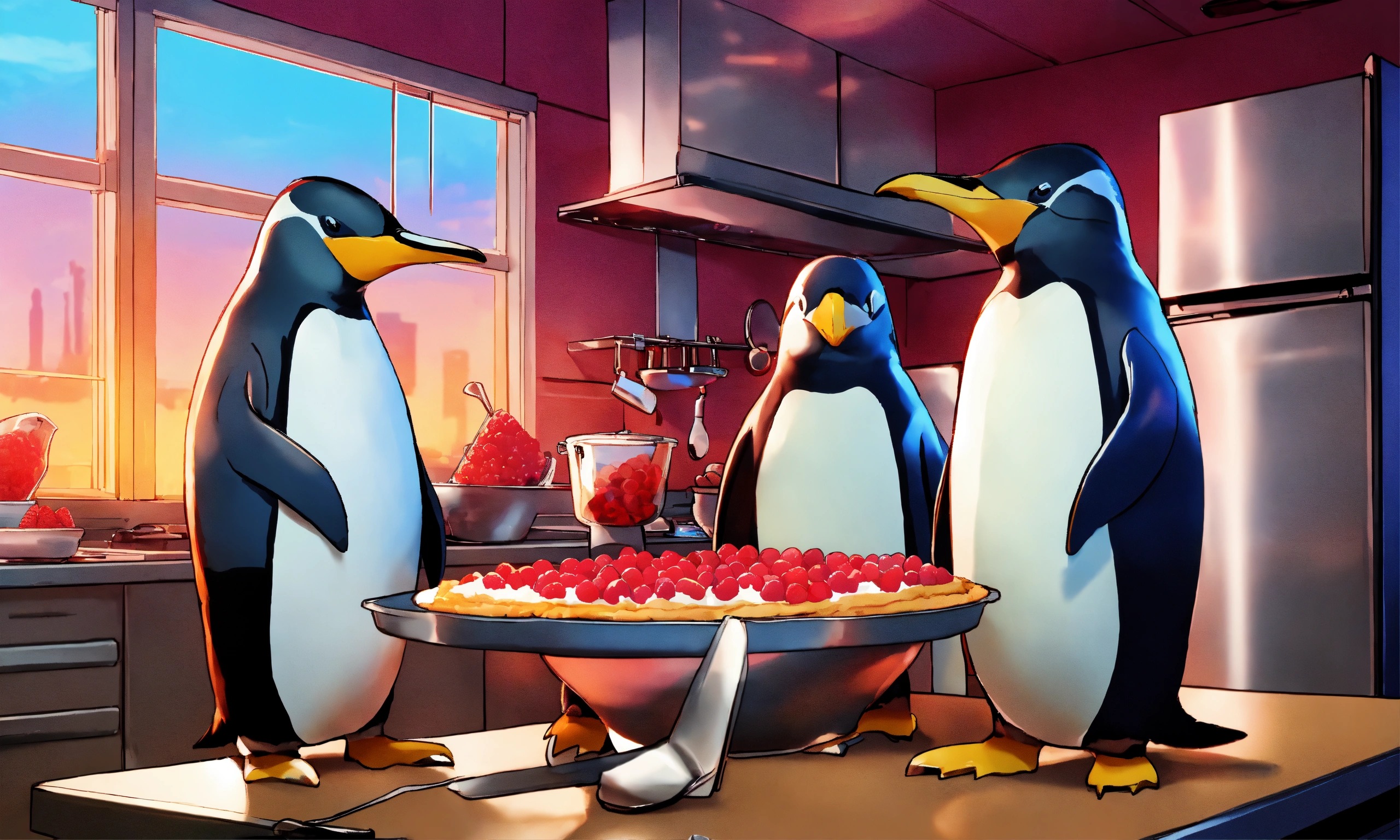 Lexica - Three cool-looking penguins, looking into the camera, in a ...