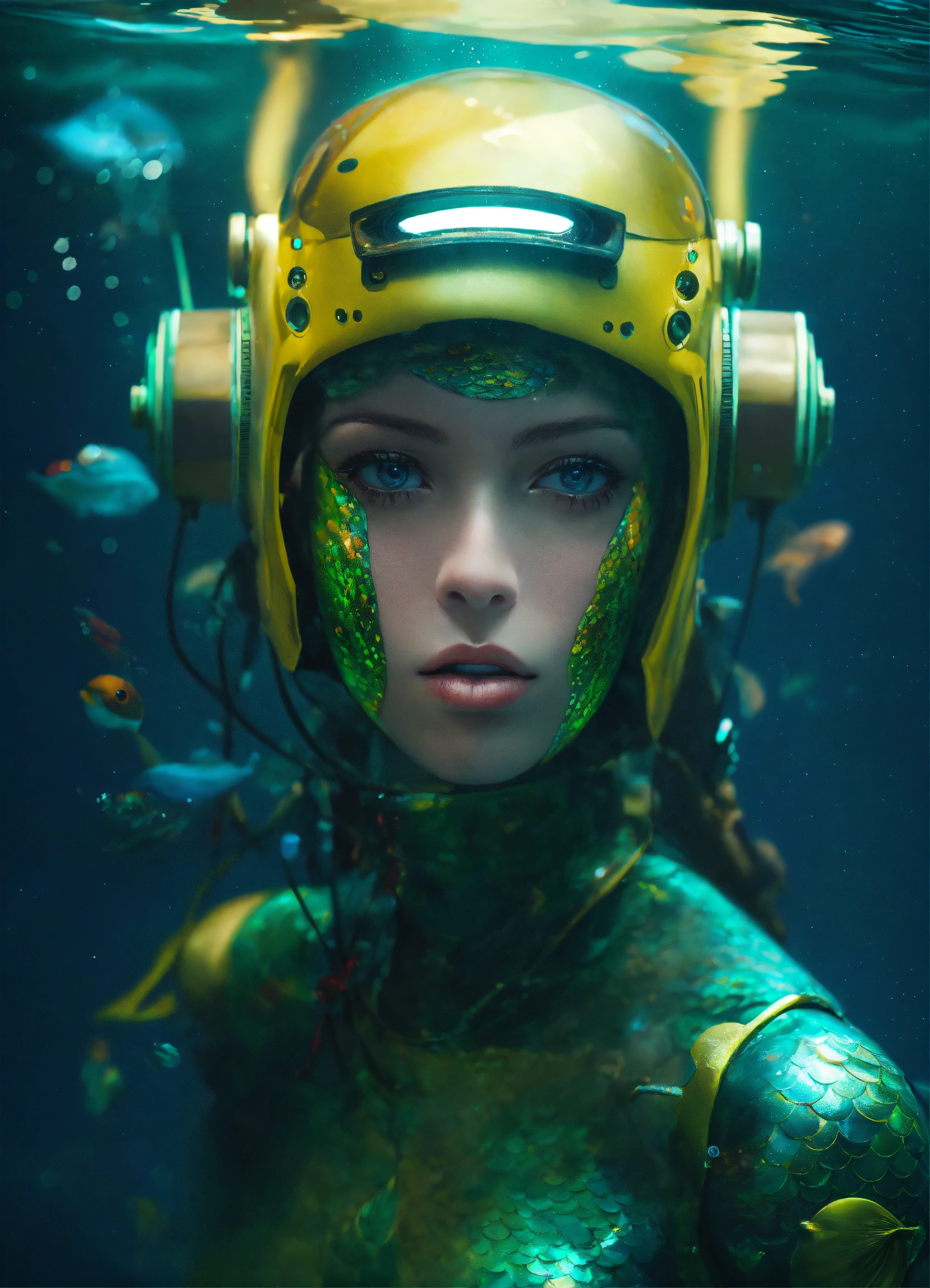 Lexica - A robot mermaid, in the bottom of the sea, dark light , whit a ...
