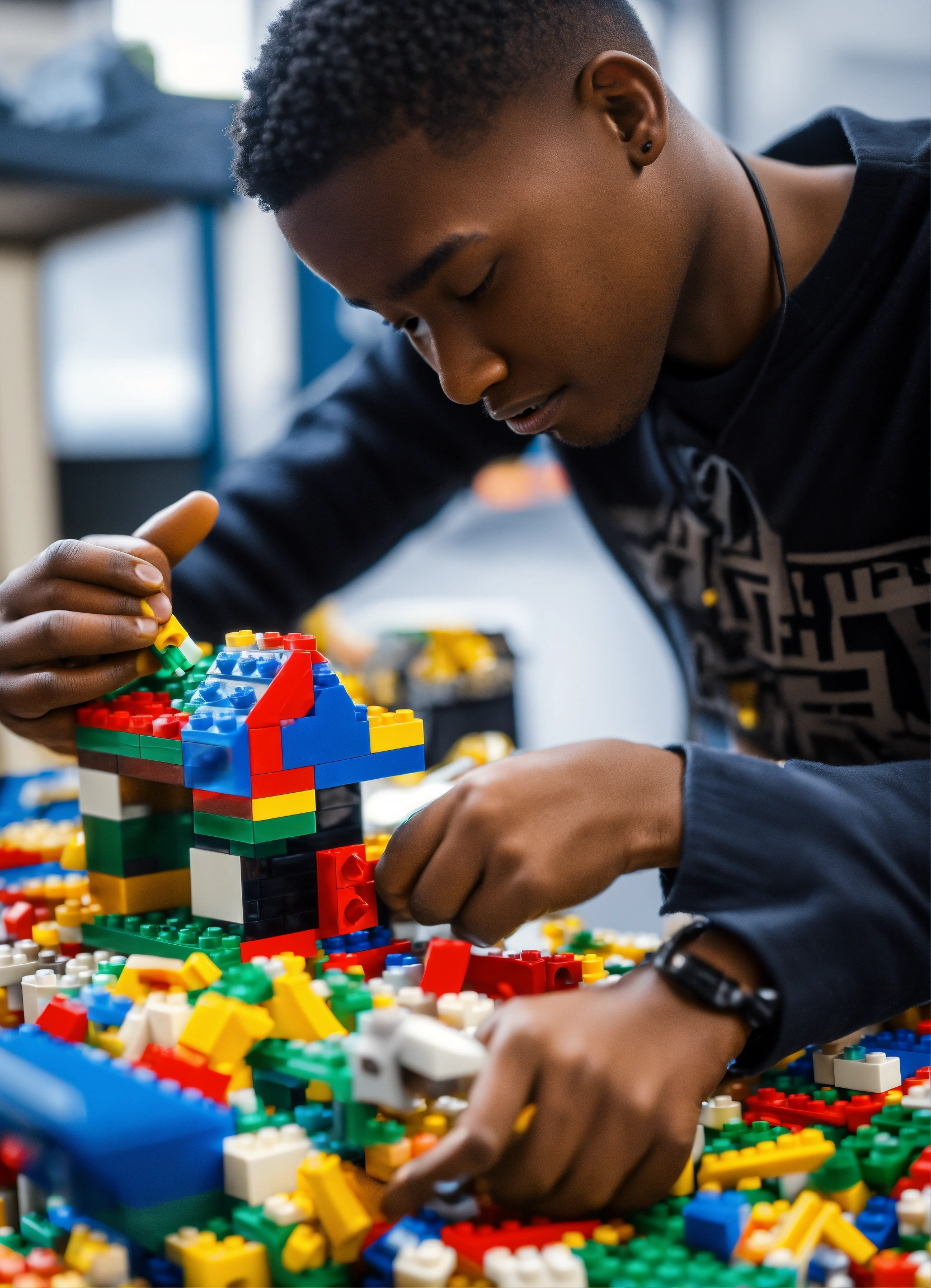 Lexica - A black techy young guy trying to fit a small lego in a bigger ...
