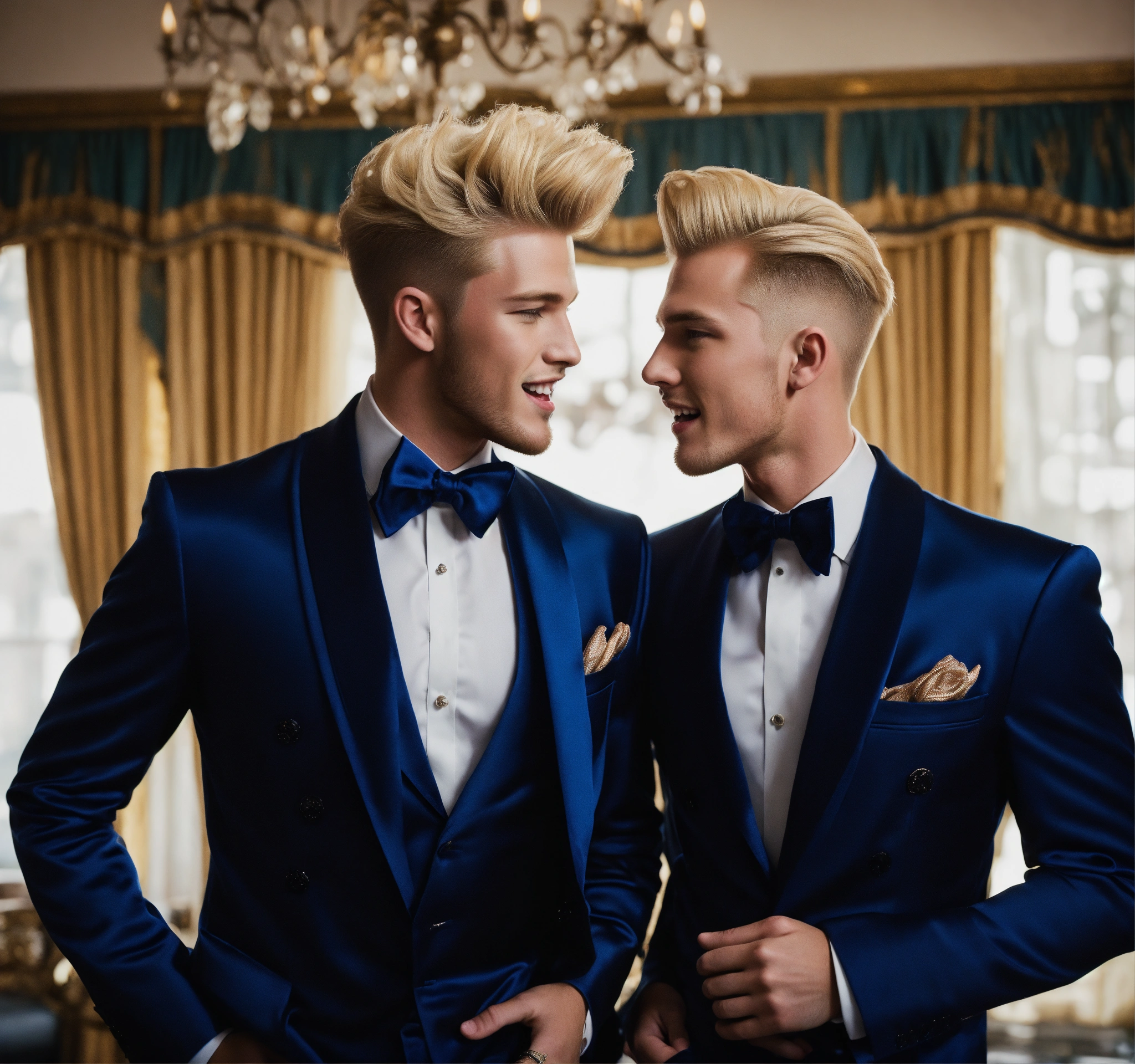 Lexica - Two young male blonde singers in satin navy vested suit ...
