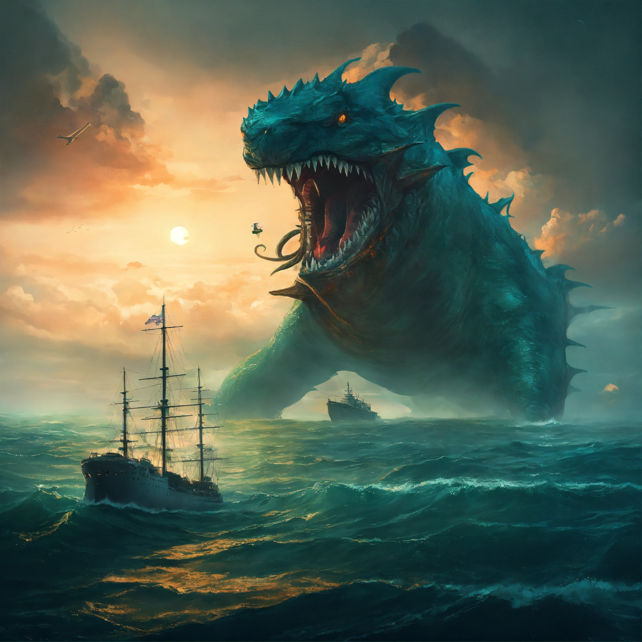 Lexica - Giant sea monster looming over a massive ship, making the ship ...