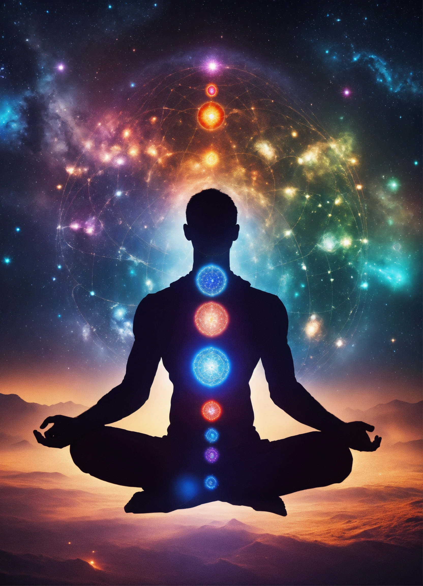 Lexica - Man meditating, universe in the background, chakras showing ...