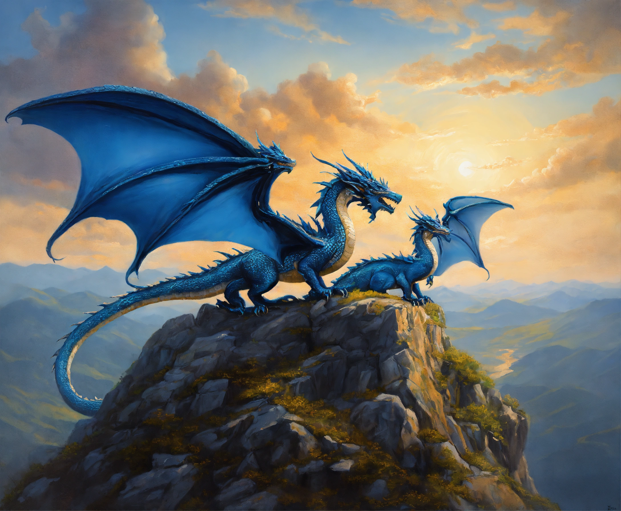 Lexica - Oil painting of two blue dragons touching each other on top of ...