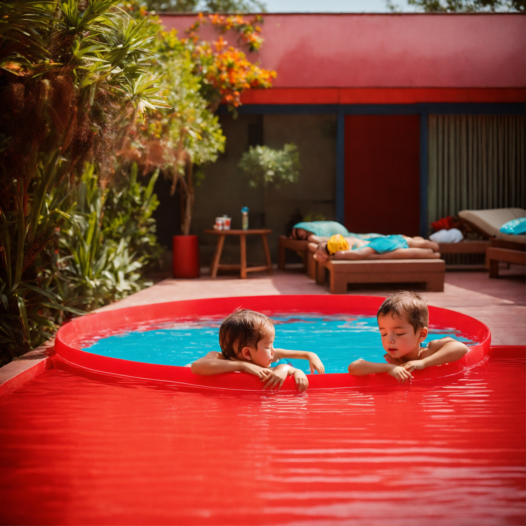 Lexica - Sleeping kids in red swimming pool
