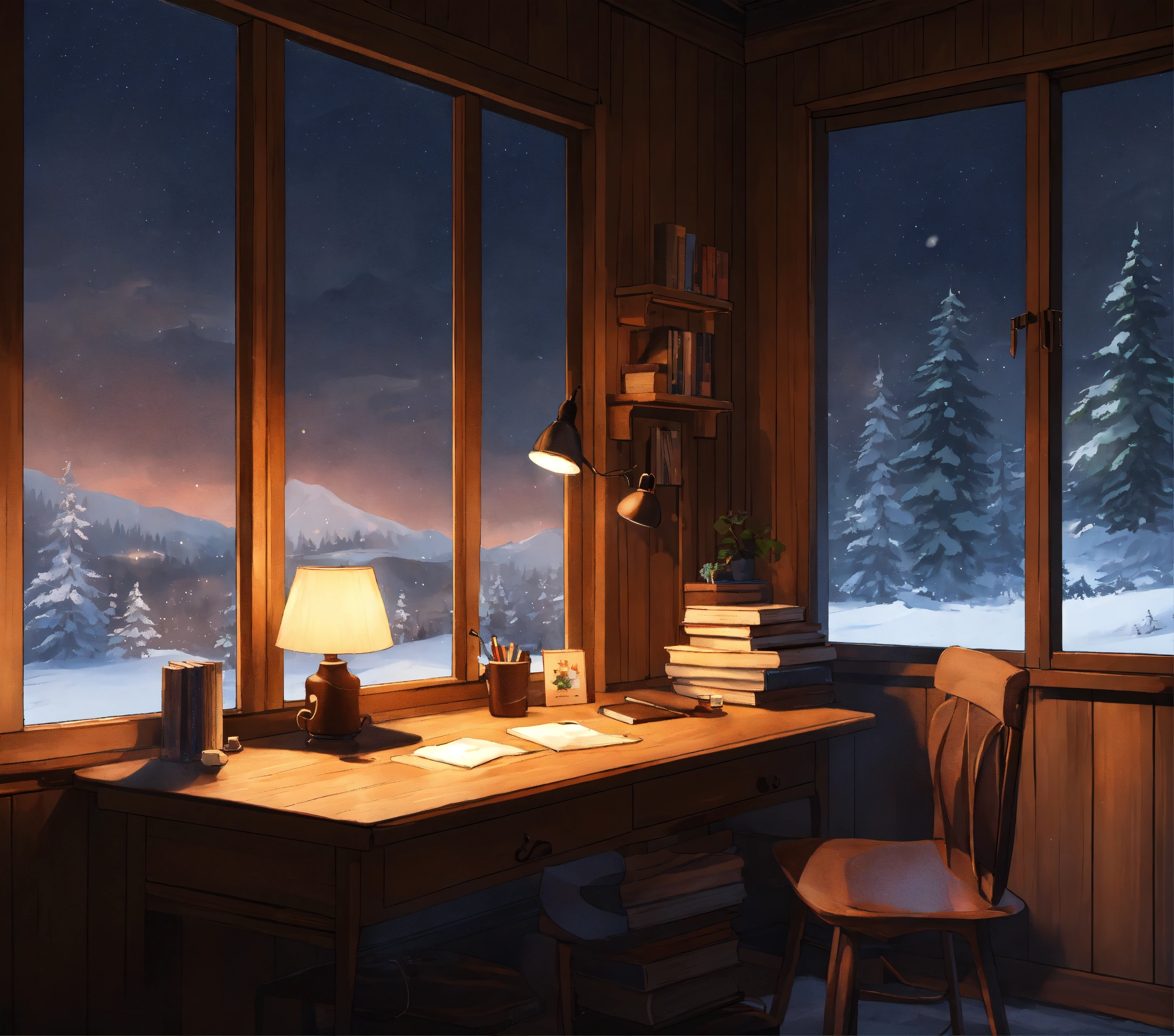 Lexica - Anime nordic forrest house, dark brown wooden study room ...