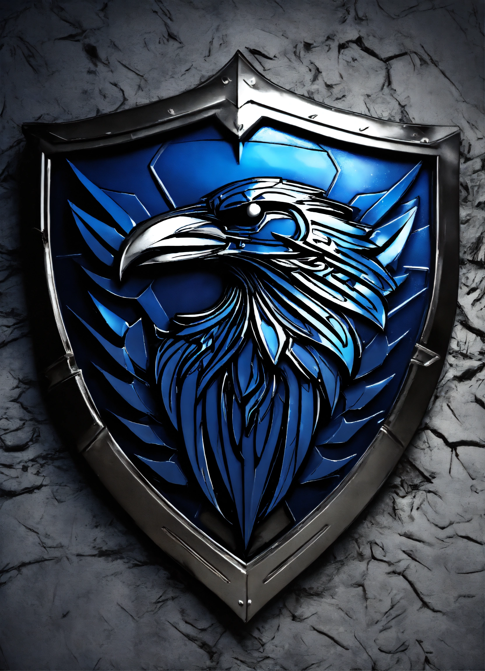 Lexica - Angry, raven logo, snow style, metal, black and blue, shield