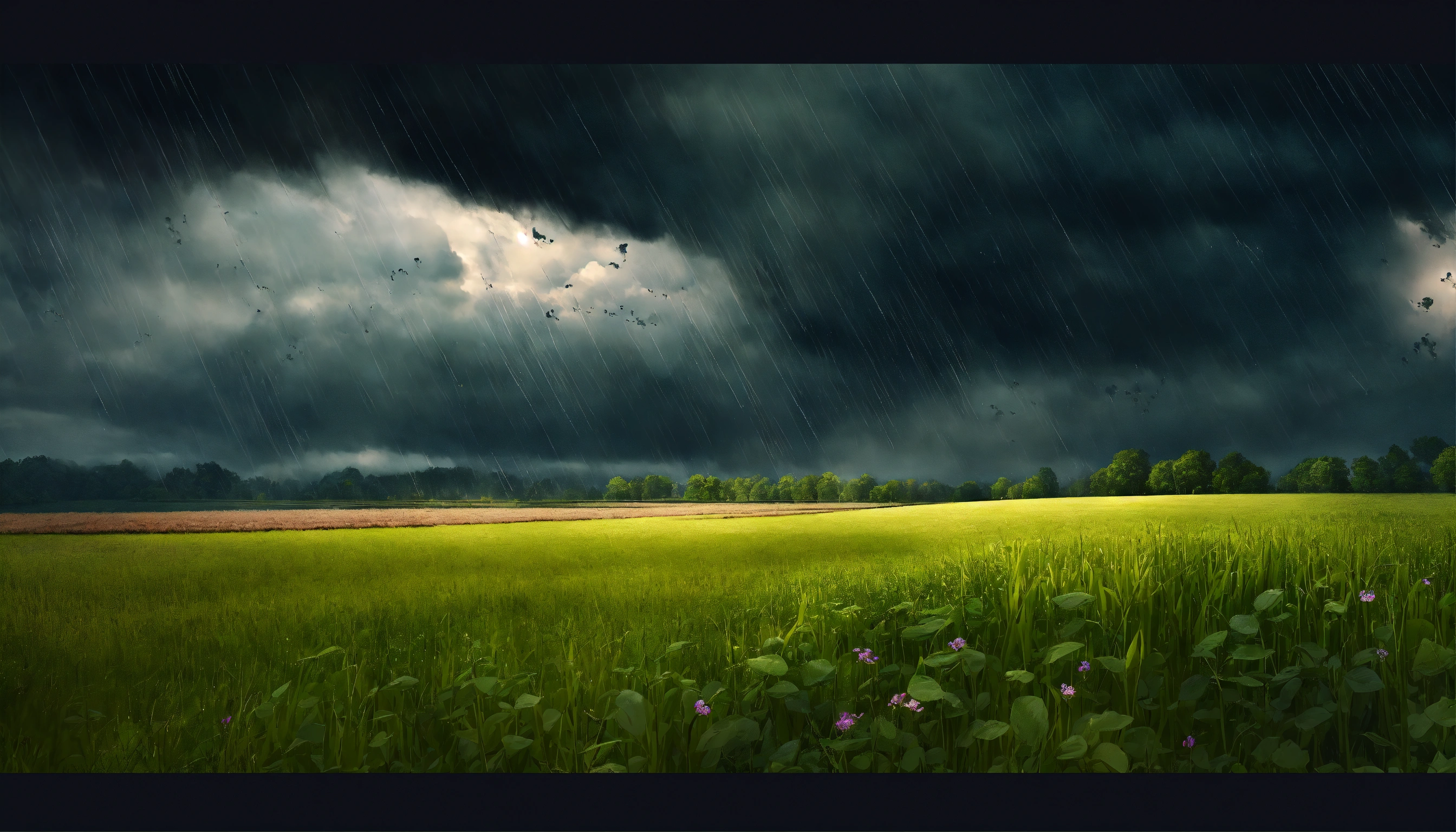 Lexica - "Create an image of dark rain clouds looming over the field ...