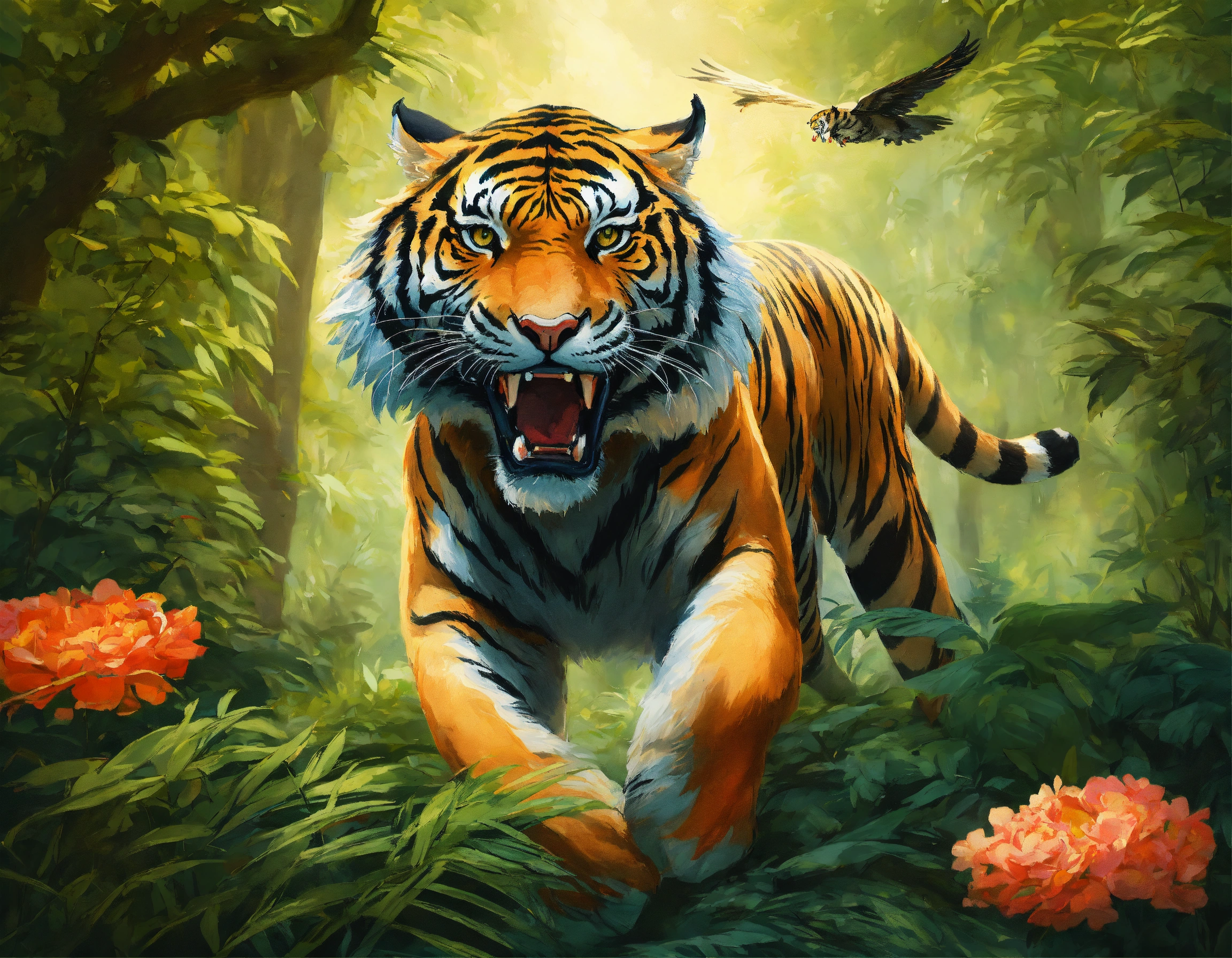 Lexica - Portrait of a fierce winged tiger flying over a lush forest ...
