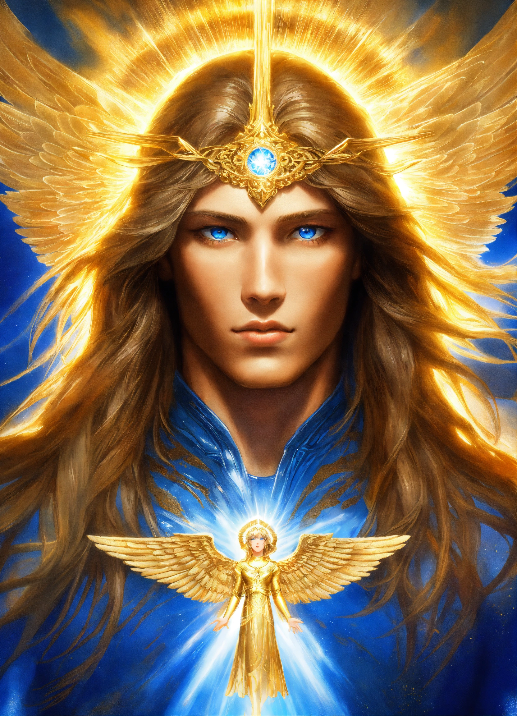 Lexica - Archangel michael with long hair, shinny blue eyes, full lips ...