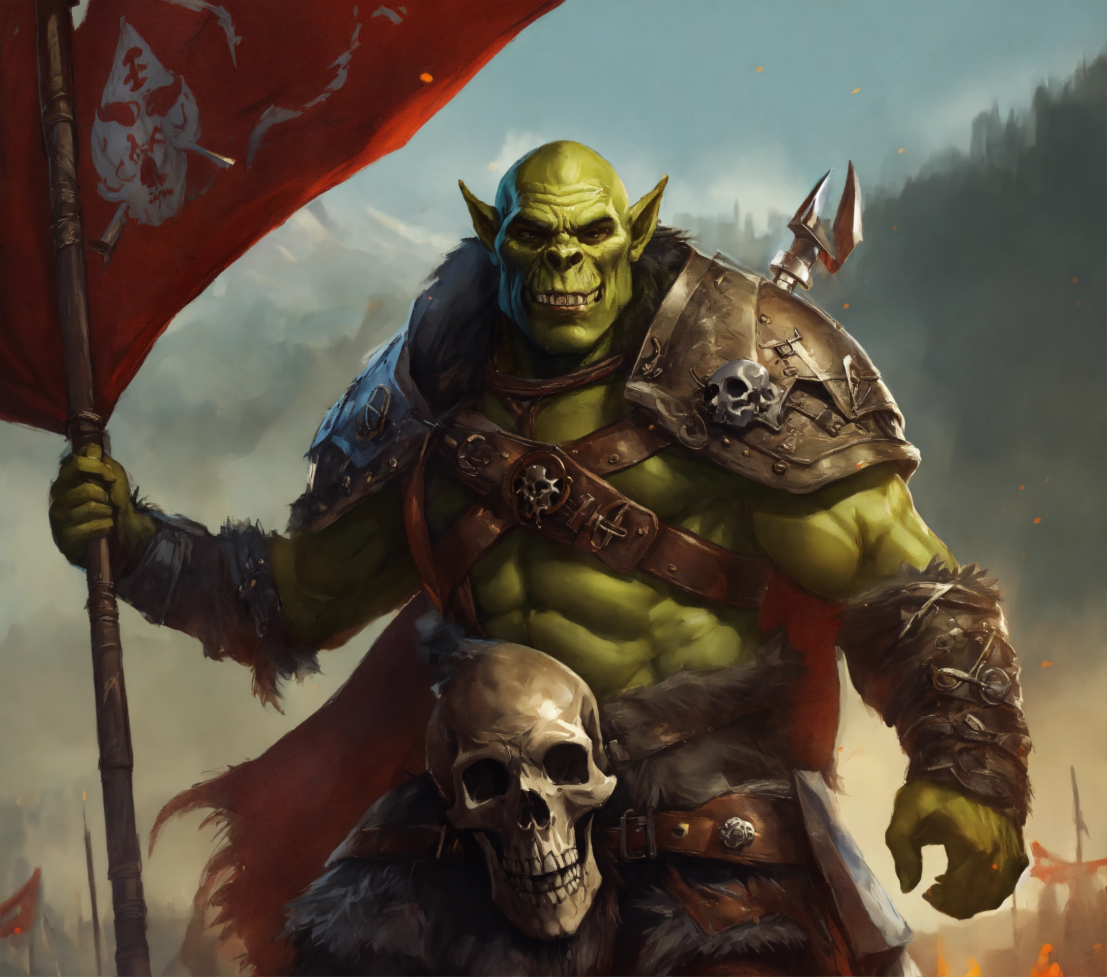 Lexica - Tall orc lifting hight a banner with a orc skull on it ...