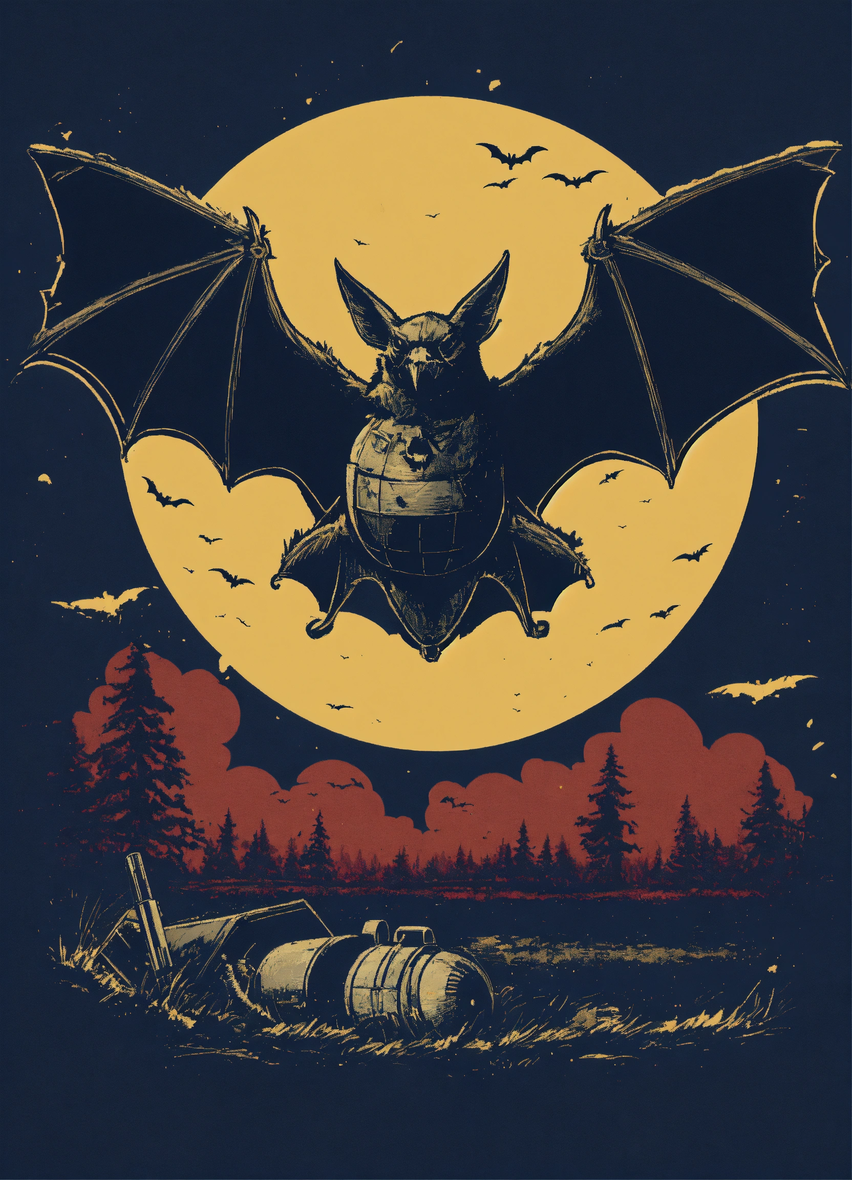 Lexica - T-shirt design, aggressive flying bat holding WWII bomb, dark sky