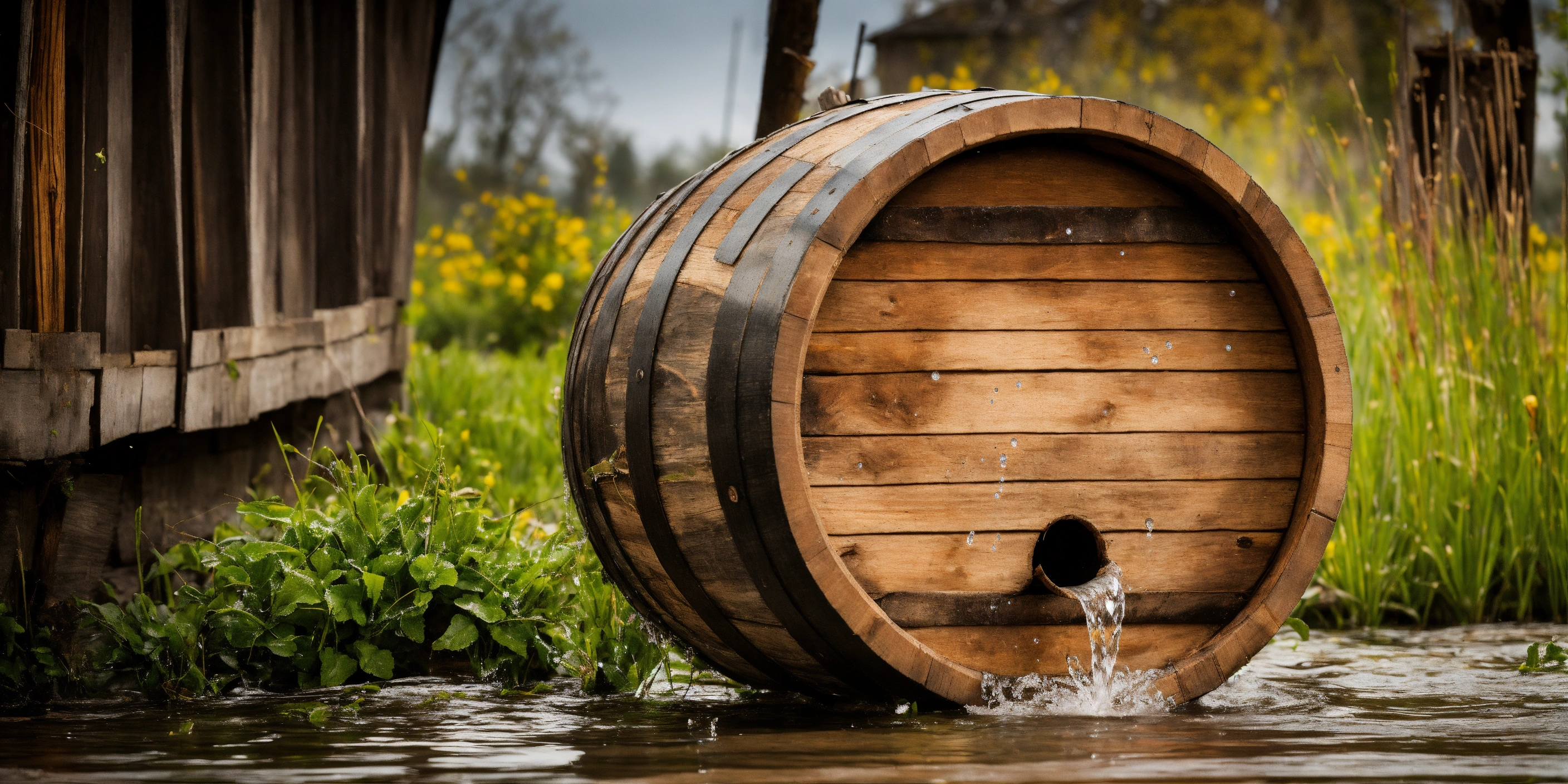 Lexica - Broken Wooden barrel with a leaking water