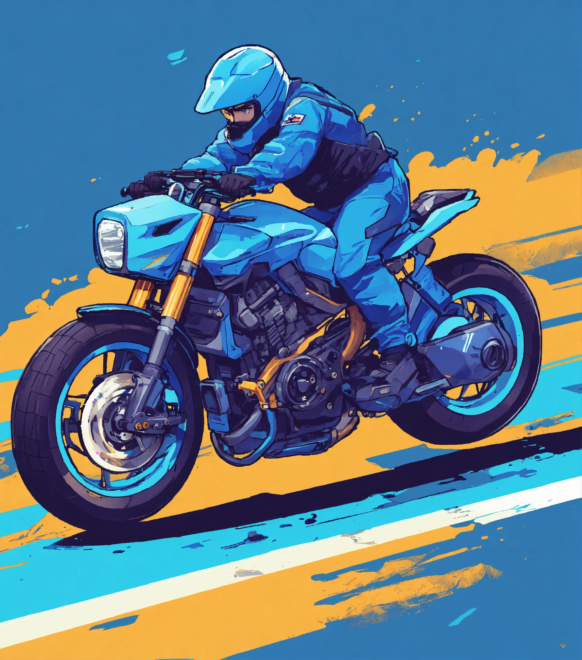 Lexica - 2d game, heavy bike, jump stunt, guy riding,icon, blue background