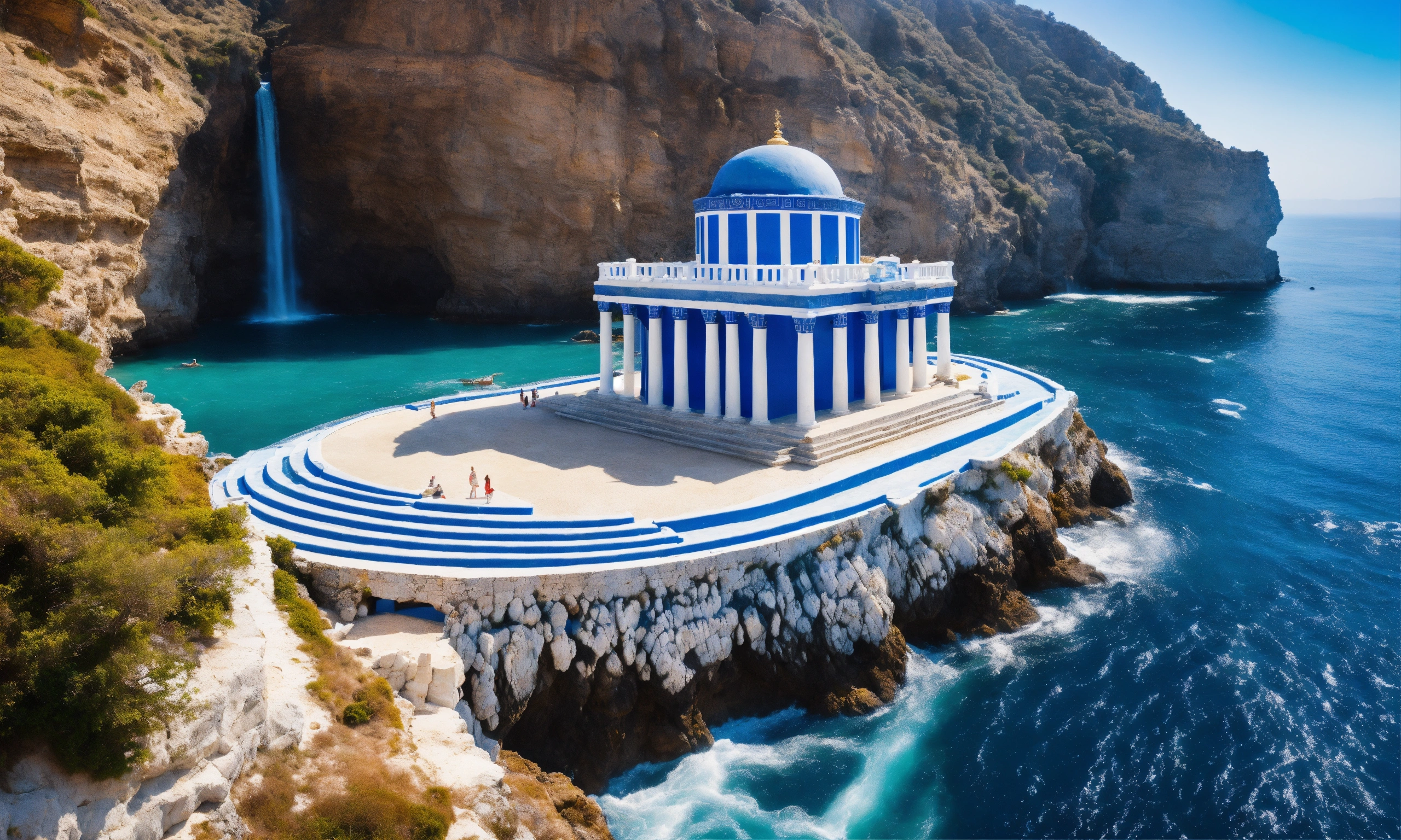 Lexica - A gigantic blue and white temple on a seaside cliff, dedicated ...