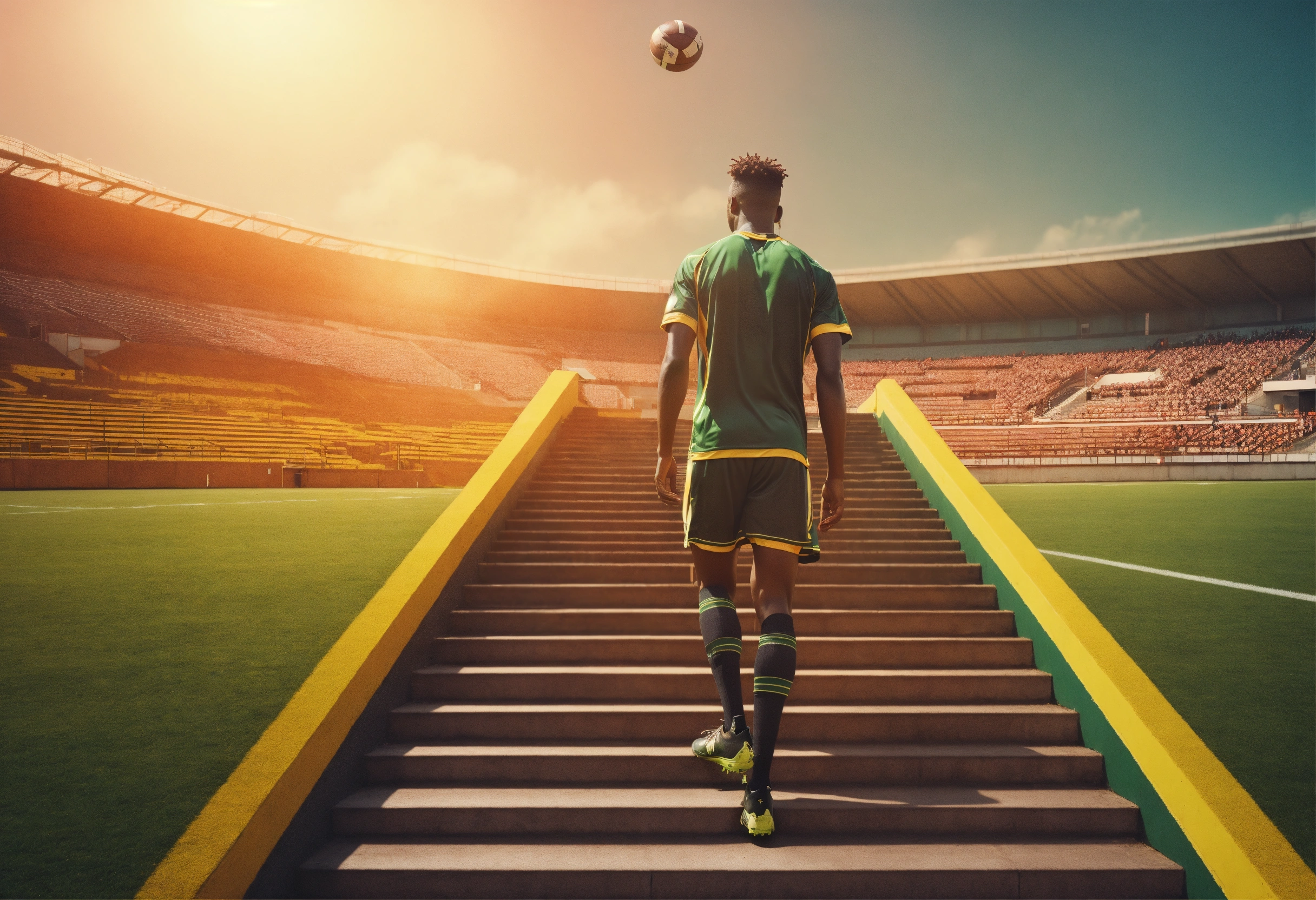 Lexica - A black Brazilian football player walking up the stairs to a ...
