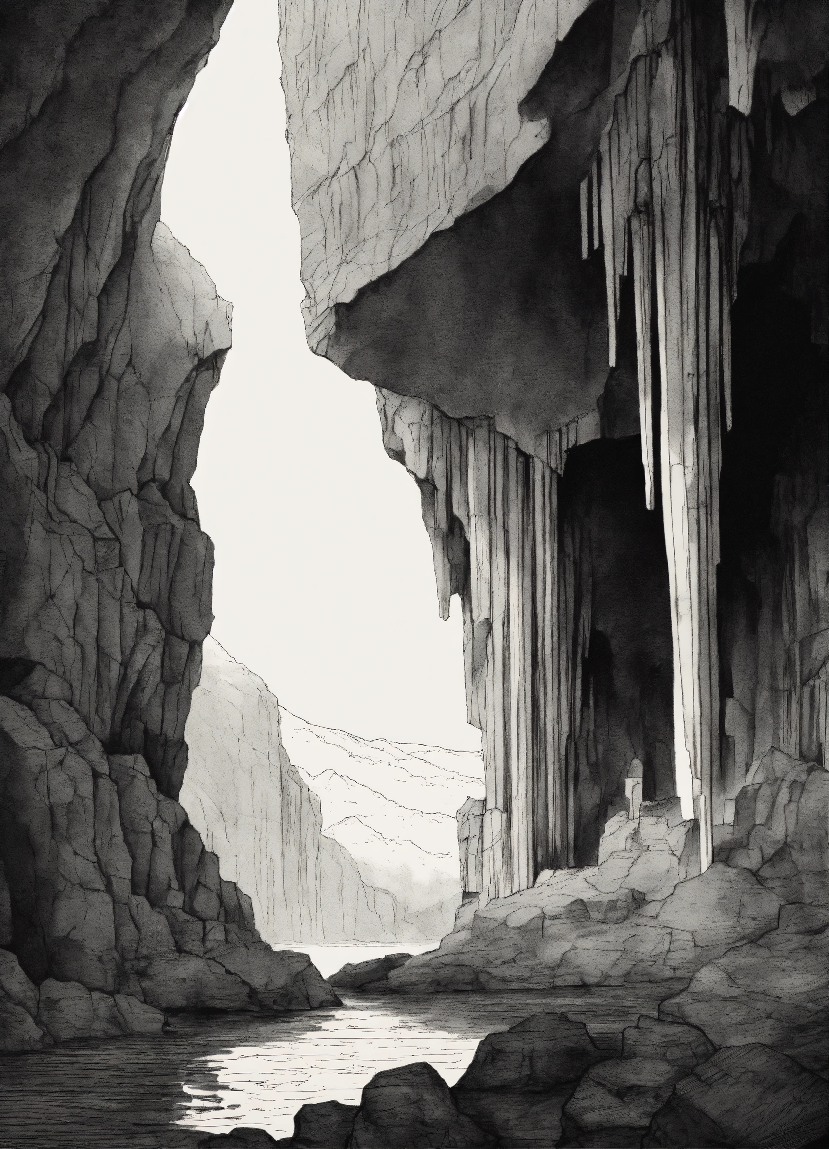 Lexica - Black and white drawing of a cliff inside of a cave,