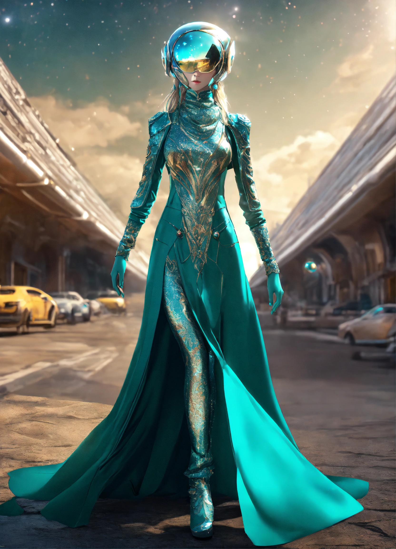 Lexica - A Alien, female Hippiestyle with Rastahair, long winter dress vibrand metallic teal and ...