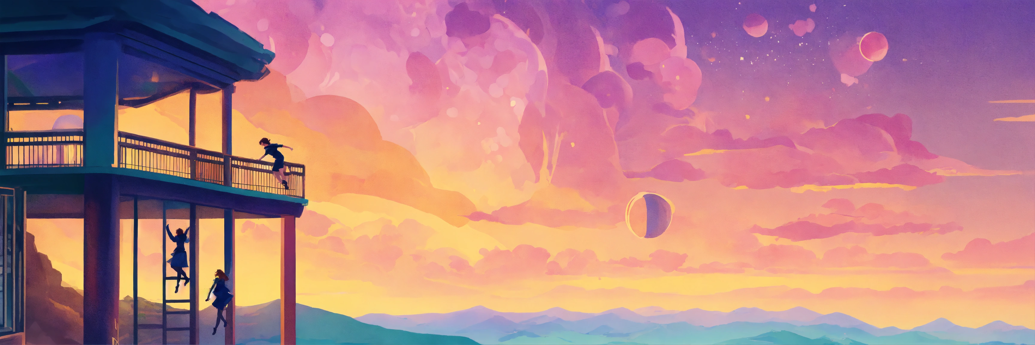 Lexica - Illustration of women jumping through dimensions, panoramic ...