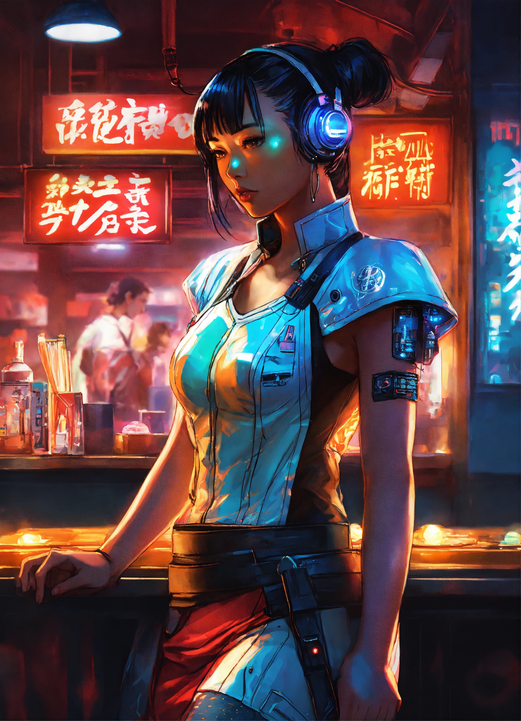 Lexica - Cyberpunk Japanese waitress wearing glowing garments, in a ...