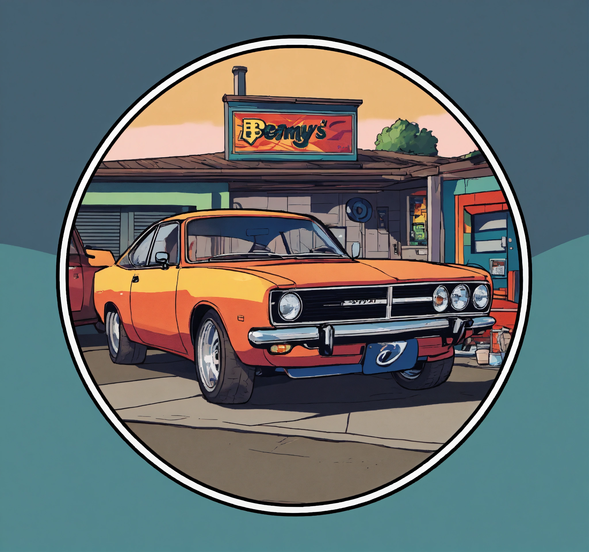 Lexica - Round logo with a colorful drawing of a mechanic car in front ...