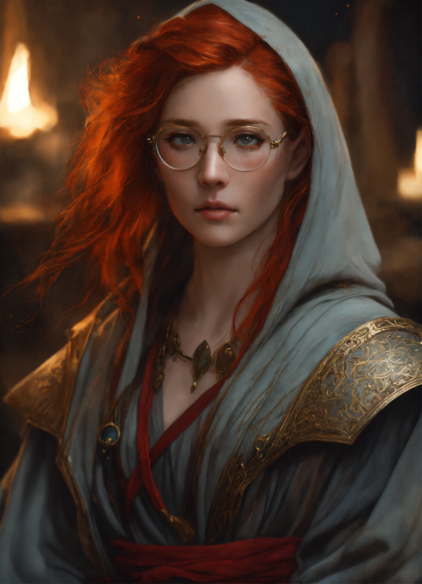 Lexica - Middle-aged elf wizard, grey skin, red hair, half moon glasses ...